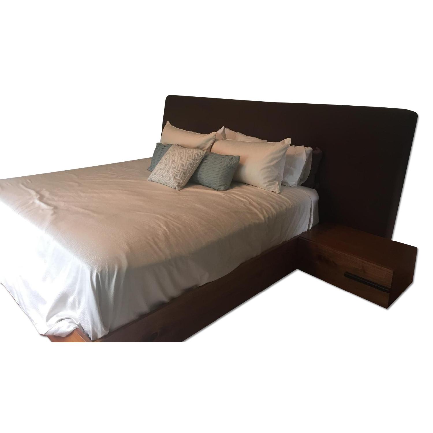 Custom Built Solid Wood King Size Bed Frame w/ Chocolate Brown Fabric Headboard - AptDeco