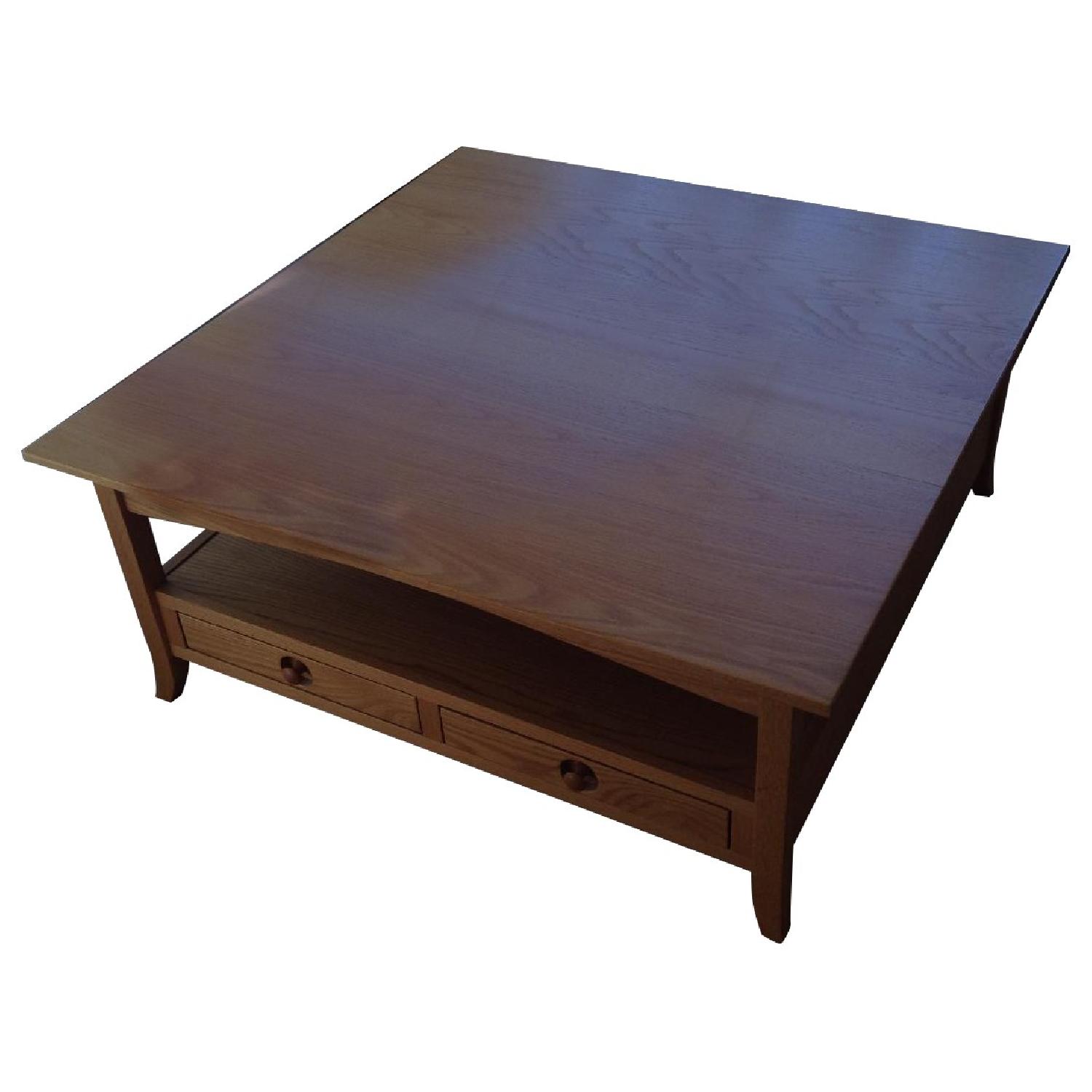 Oak Square Coffee Table with Drawers - AptDeco