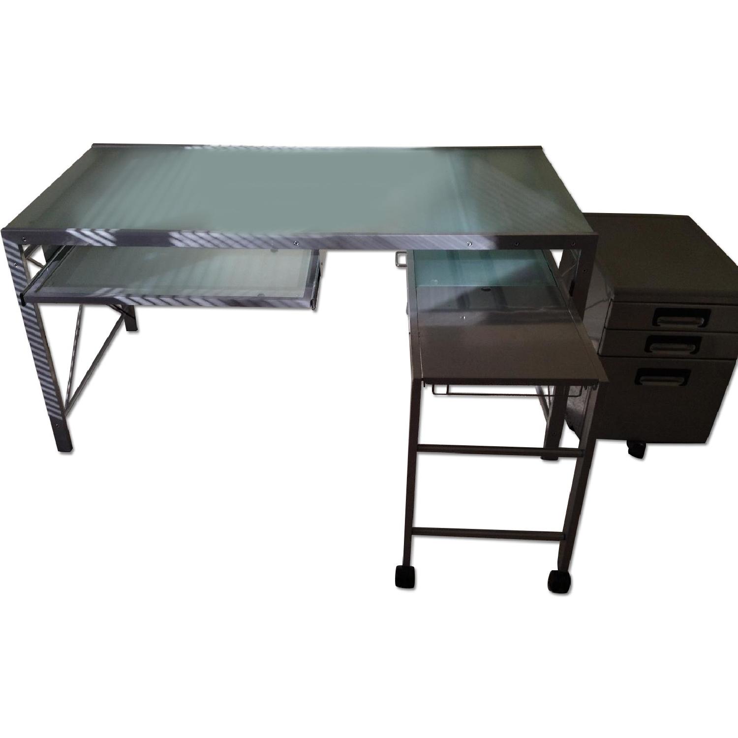 Metal & Glass Computer Desk with Filing Cabinet and CPU Roller - AptDeco