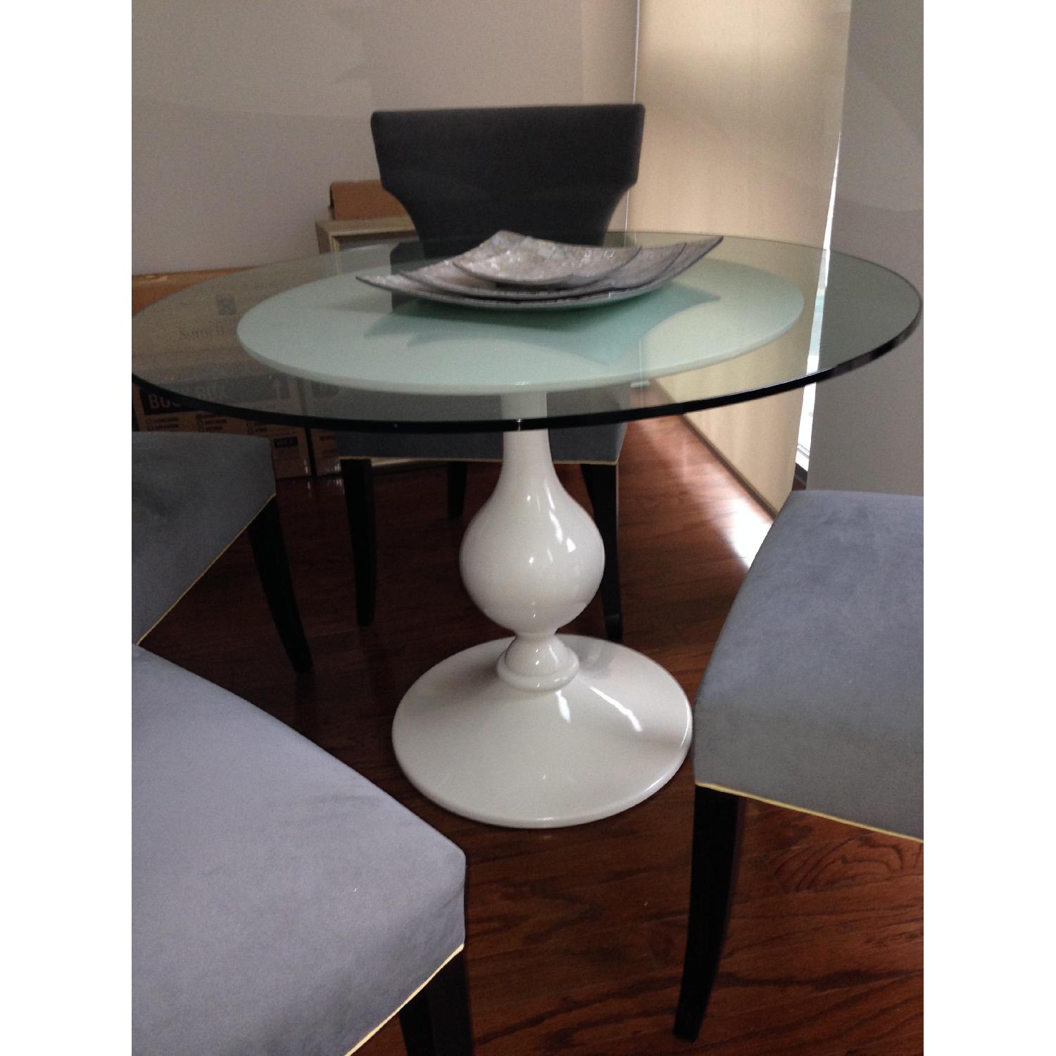 Mitchell Gold White Lacquer Pedestal Dining Table w/ Round Glass Top ...
