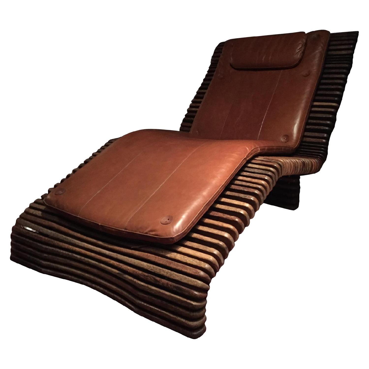 Commissioned Classic Teak Wood/Baseball Leather Chaise Lounge - AptDeco