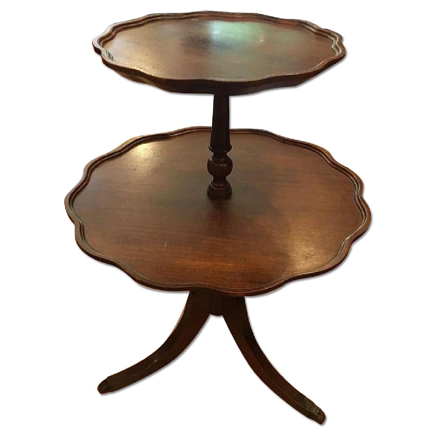 Antique Two Tier Light Wood Round Scallop Side Table - AptDeco