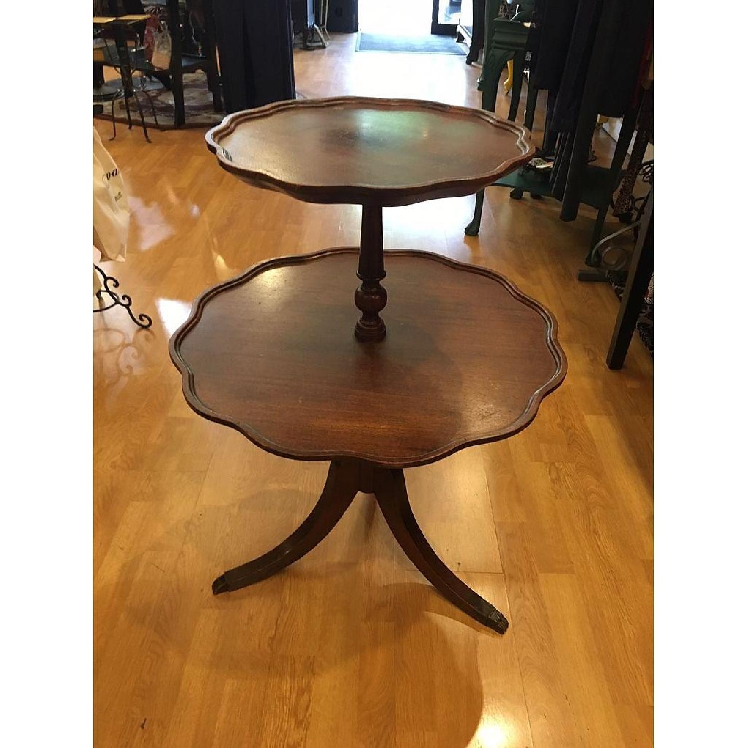 Antique Two Tier Light Wood Round Scallop Side Table - AptDeco
