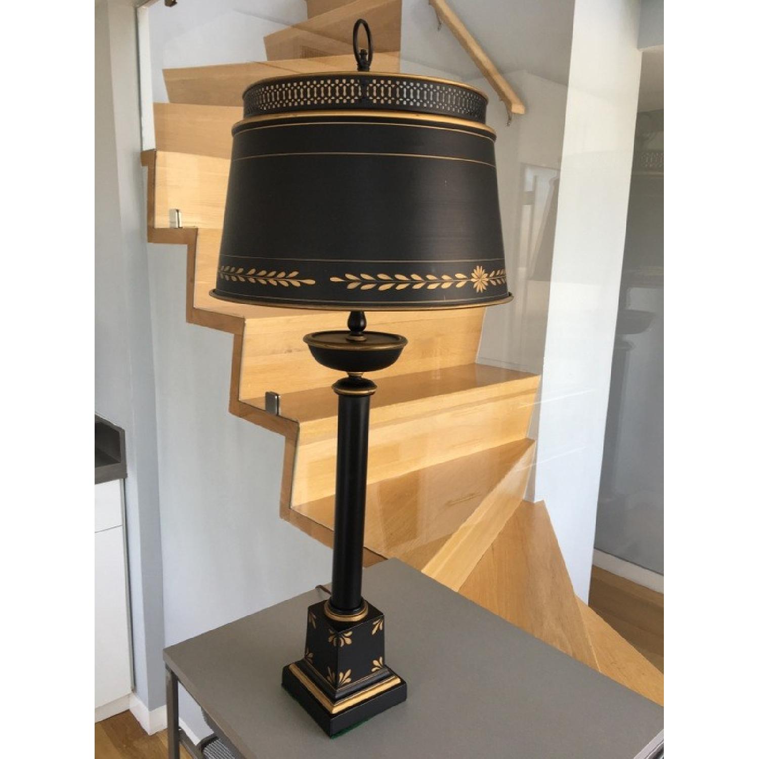 Antique Black & Gold Table Lamps w/ Medal Shades - AptDeco