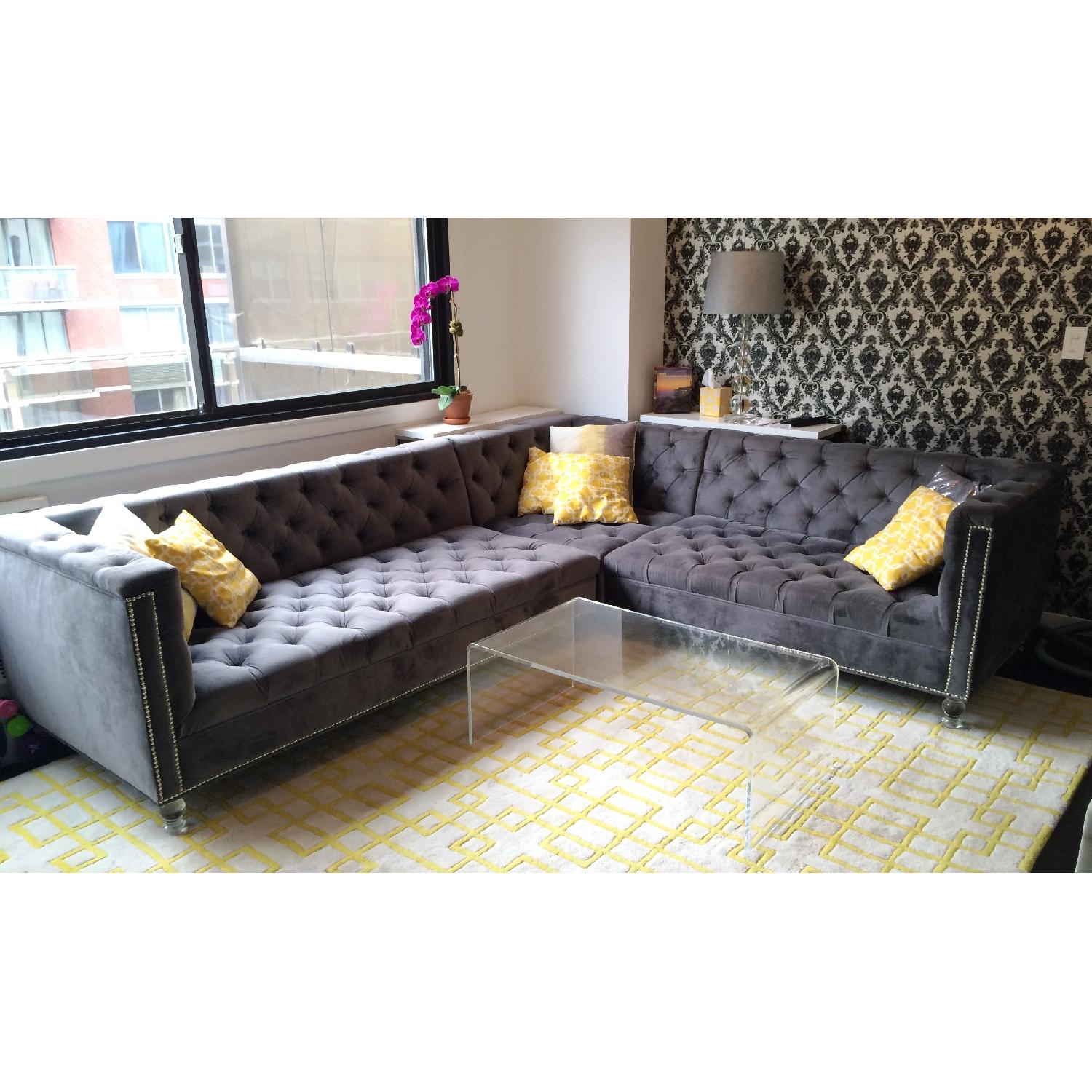 Modshop Tufted Dark Grey Velvet Sectional Sofa w/ Lucite Legs - AptDeco