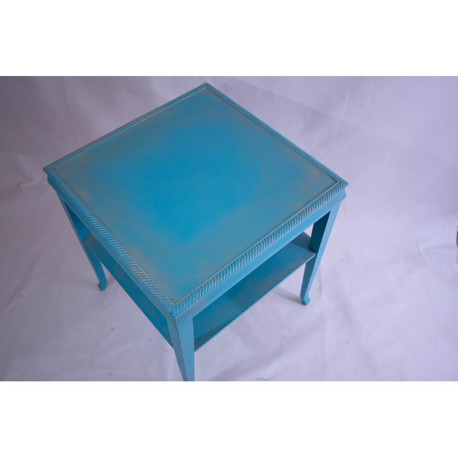 Two Toned Hand Painted Aqua Side Table w/ Shelf - AptDeco