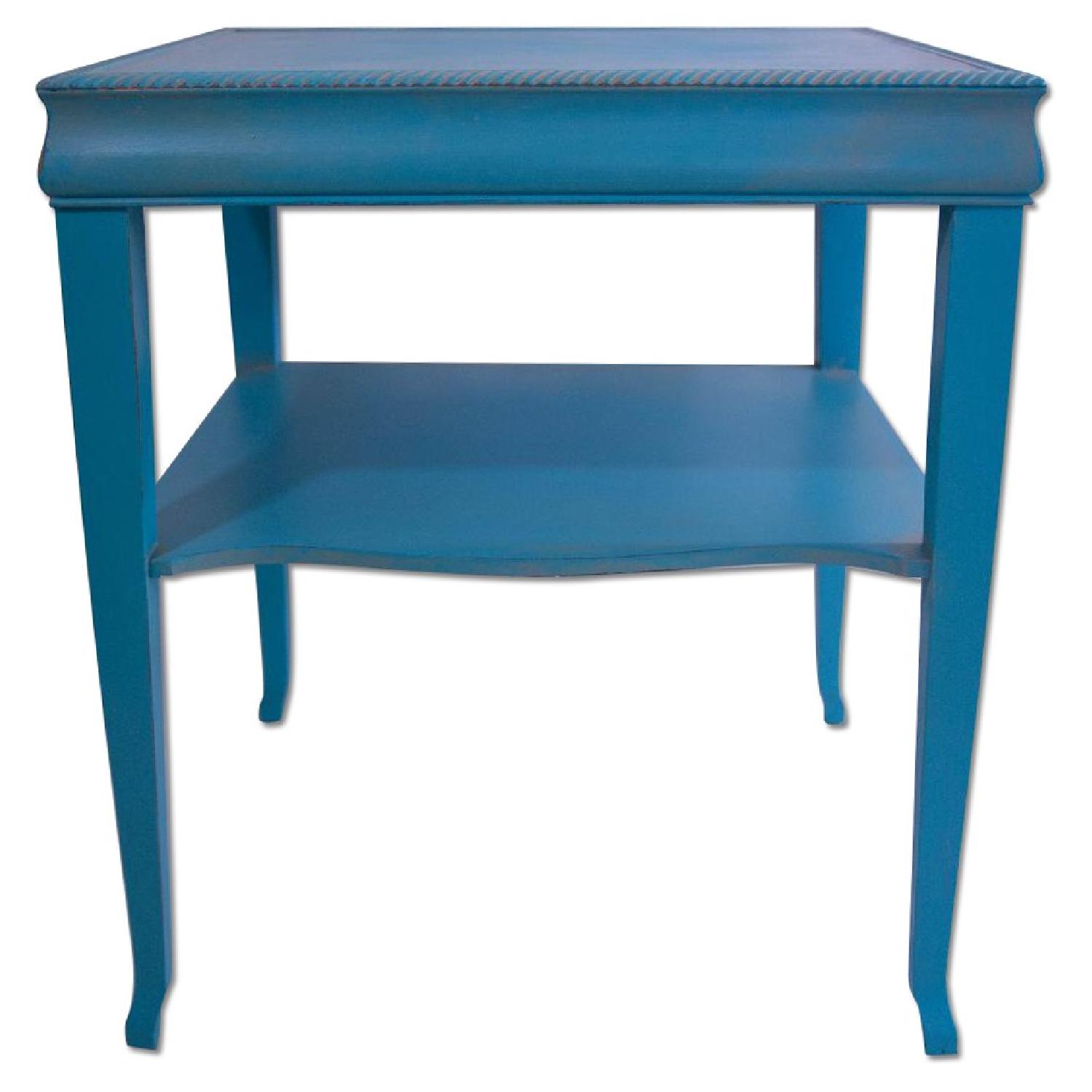 Two Toned Hand Painted Aqua Side Table w/ Shelf - AptDeco