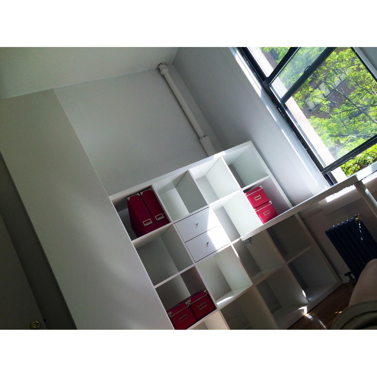 Ikea Kallax Shelving 16 Unit w/ Table & 2 Drawers - AptDeco