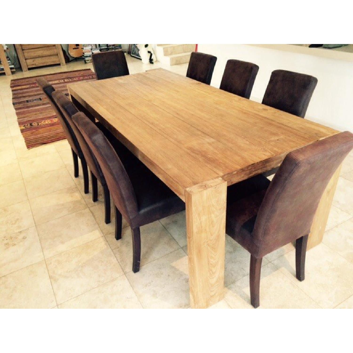 Sevens Teak Dining Table W 6 Suede Dining Chairs AptDeco sevens-teak-dining-table-w-6-suede-dining-chairs-aptdeco