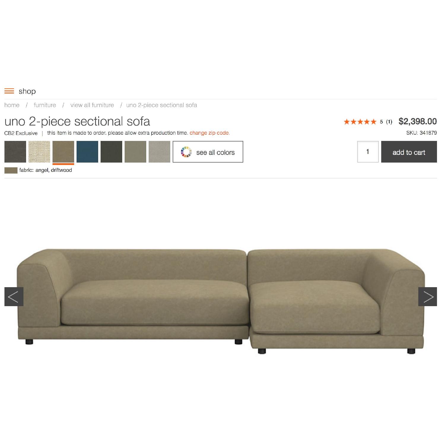 CB2 Uno 2 Piece Sectional Sofa - AptDeco
