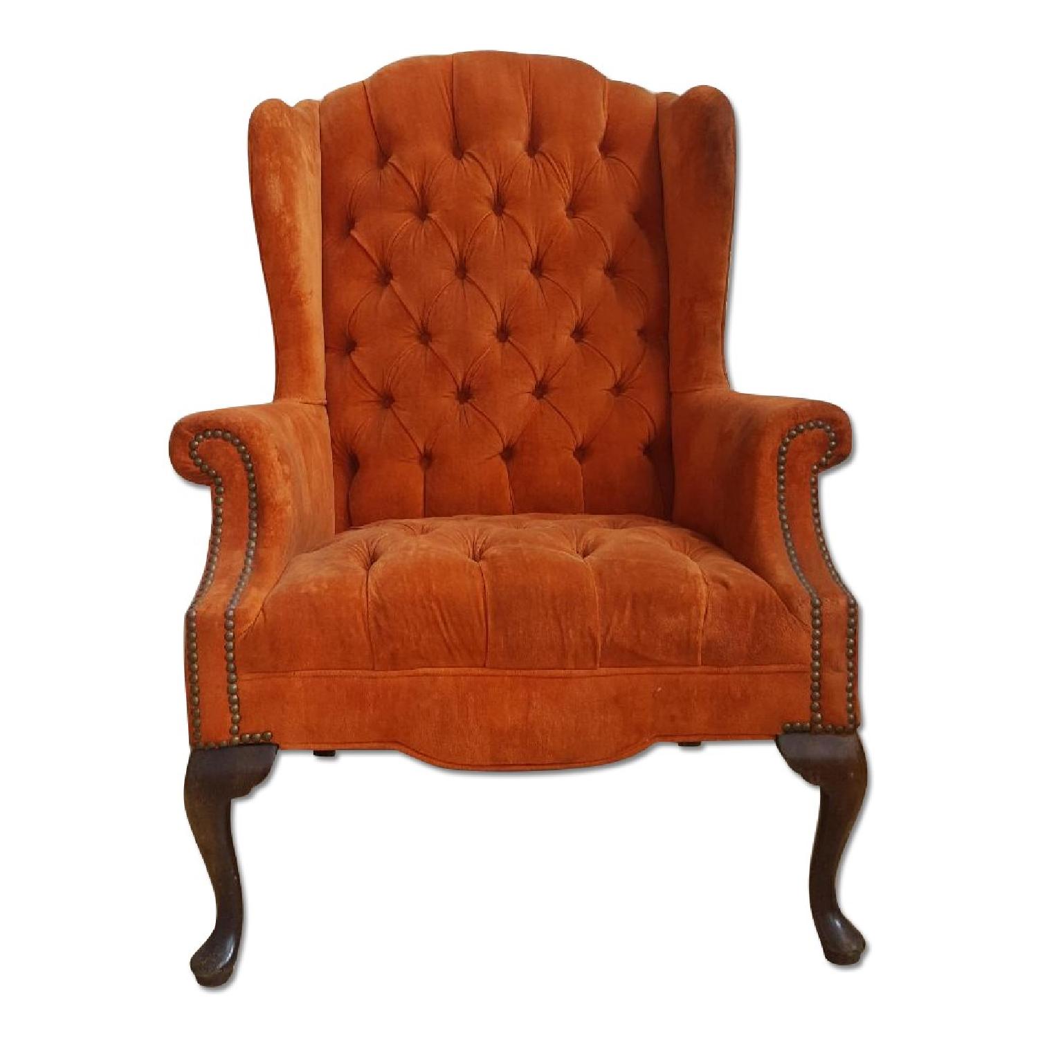 Vintage Orange Wingback Chair With Nailhead Trim - AptDeco