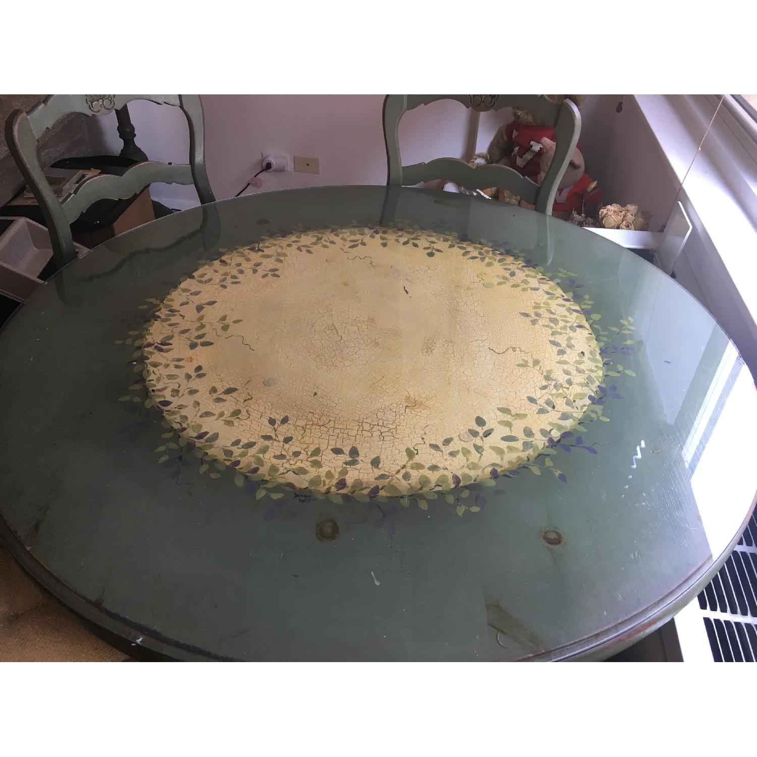 Custom Glass Top Hand Painted Round Dining Table w/ 4 Chairs - AptDeco