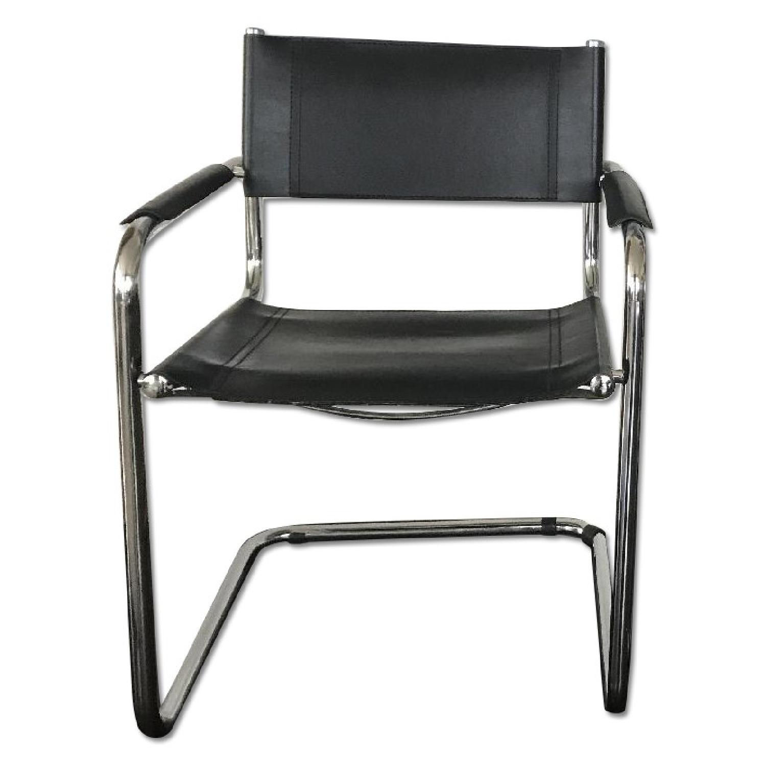 Black Leather Tubular Steel Chrome Arm Chair - AptDeco