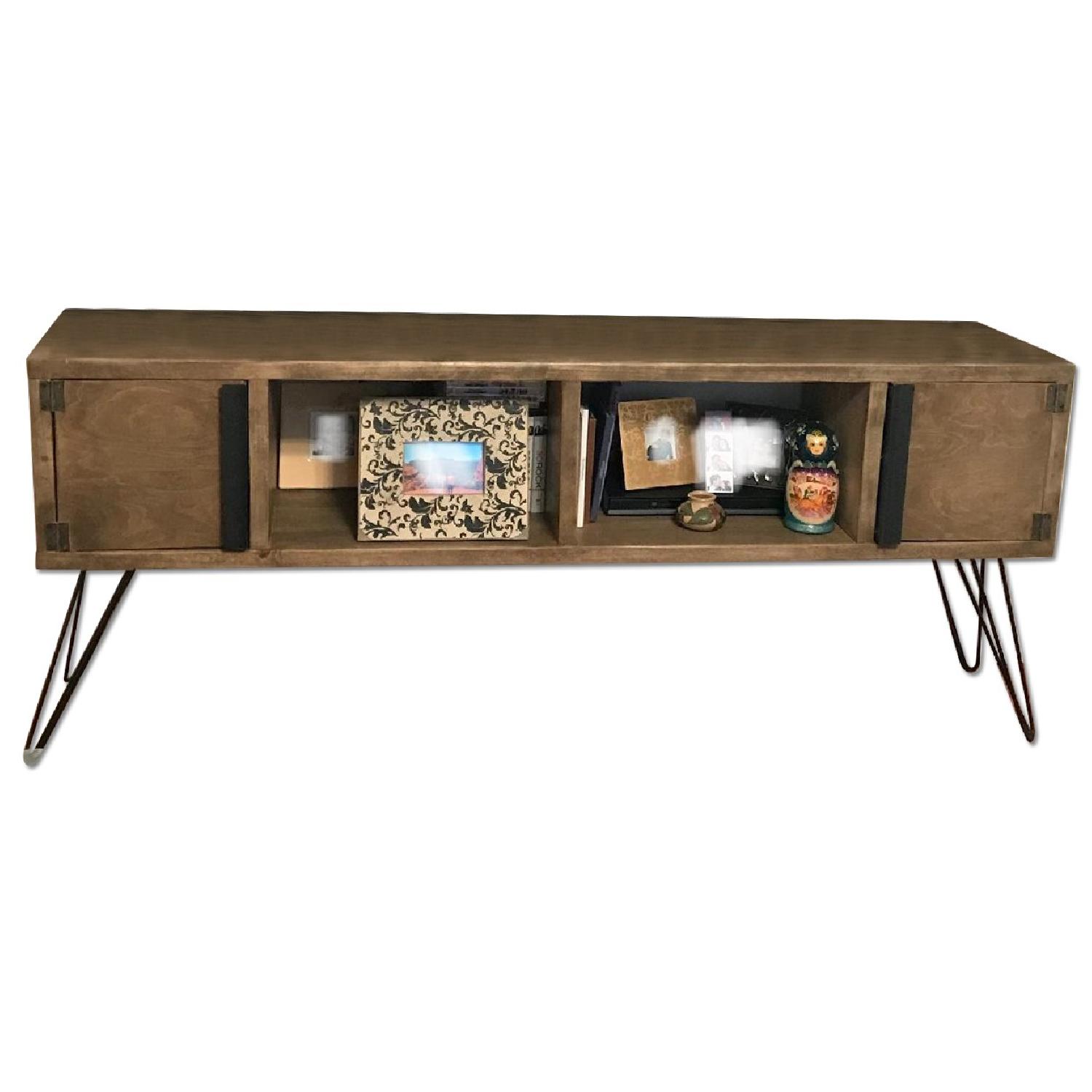 Industrial Style Wood Media Console w/ Metal Hairpin Legs - AptDeco