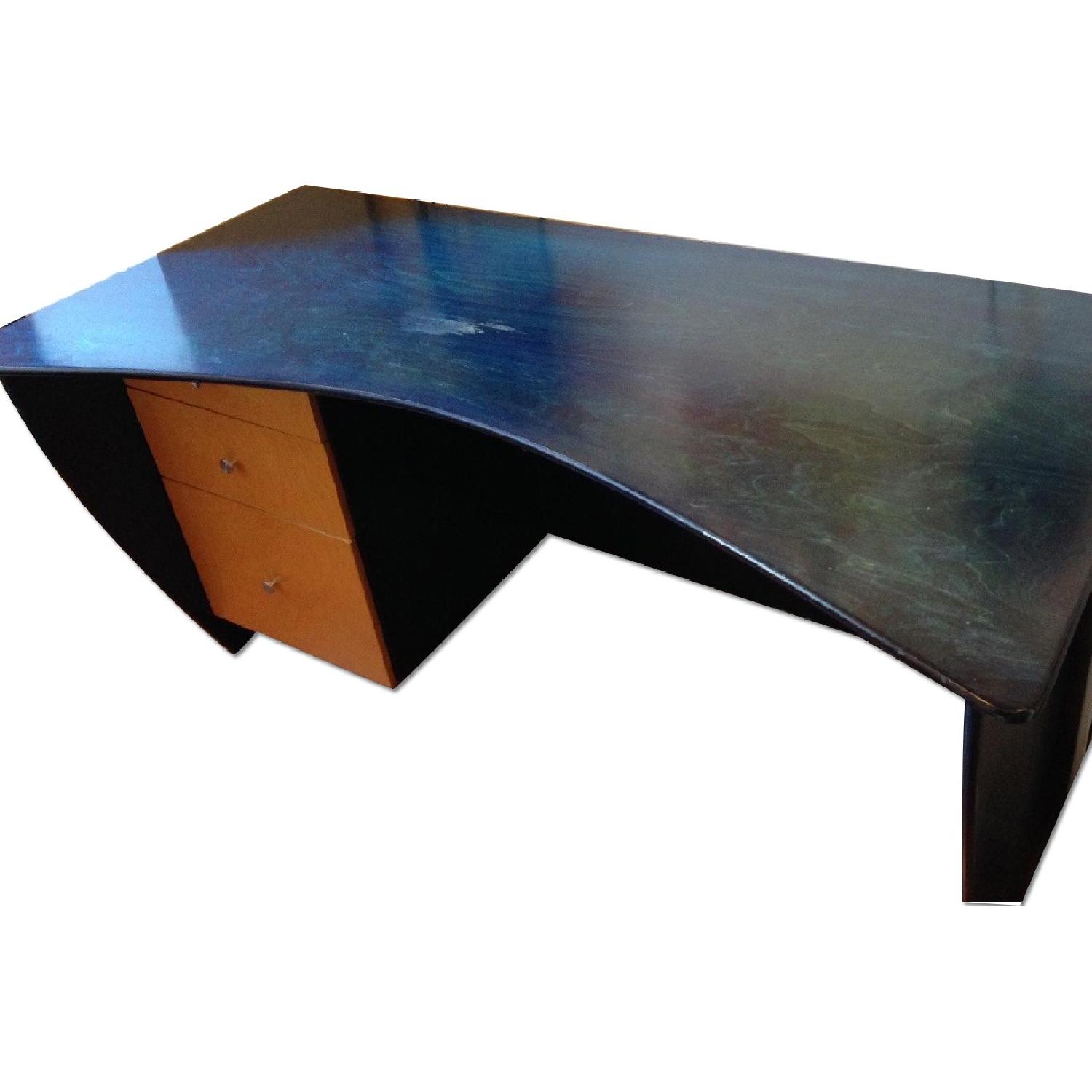 Modern Wooden Curved Top Desk in Blue Wood Stain - AptDeco