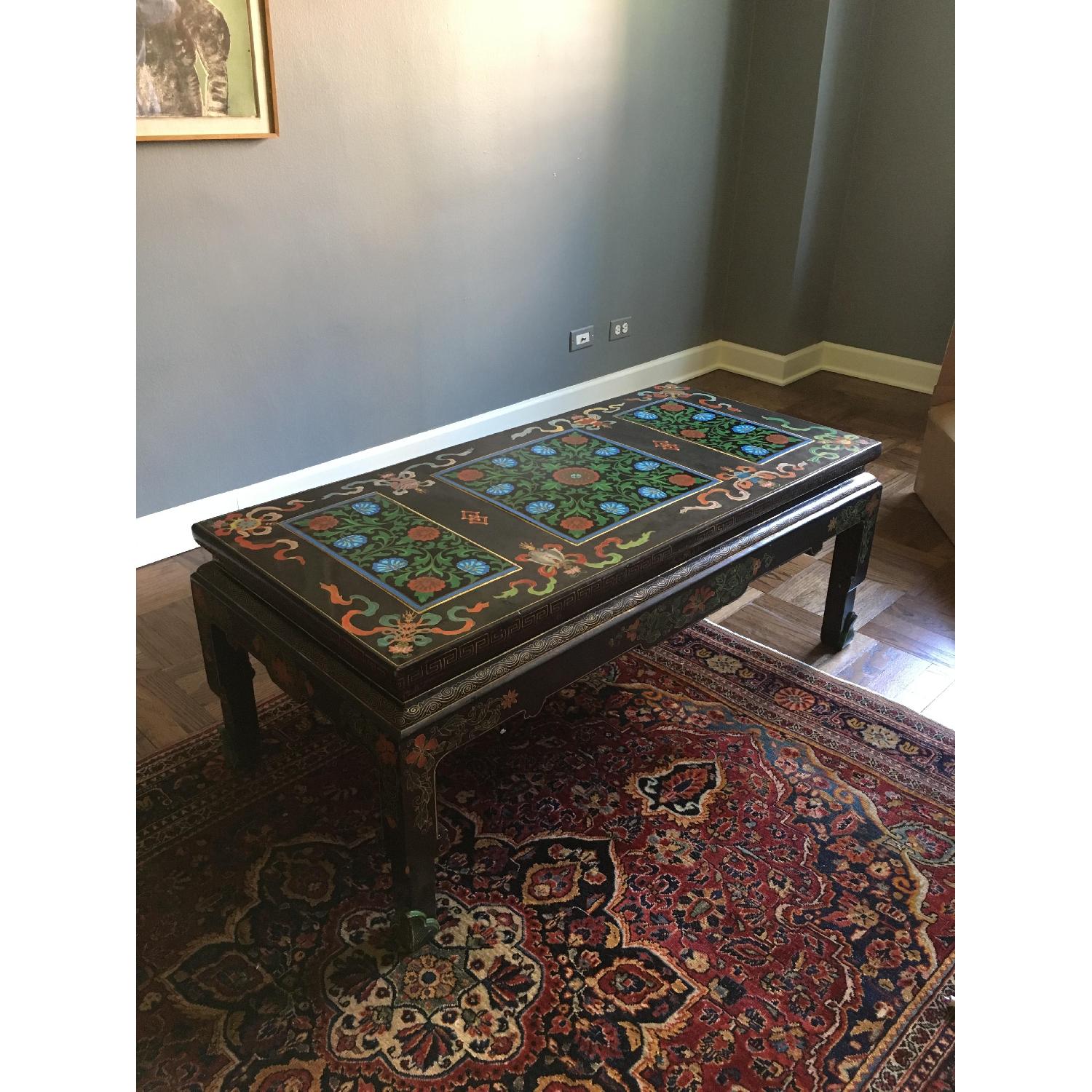 Chinese Cloisonne Coffee Table in Black/Multi Panels & Trim - AptDeco