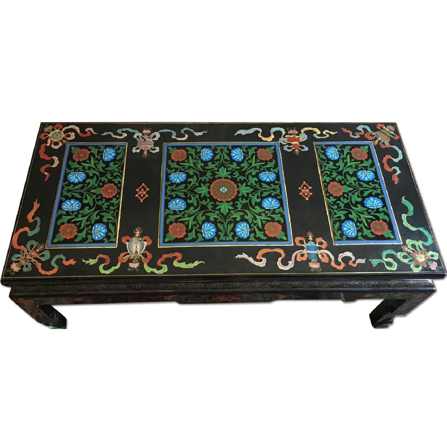 Chinese Cloisonne Coffee Table in Black/Multi Panels & Trim - AptDeco