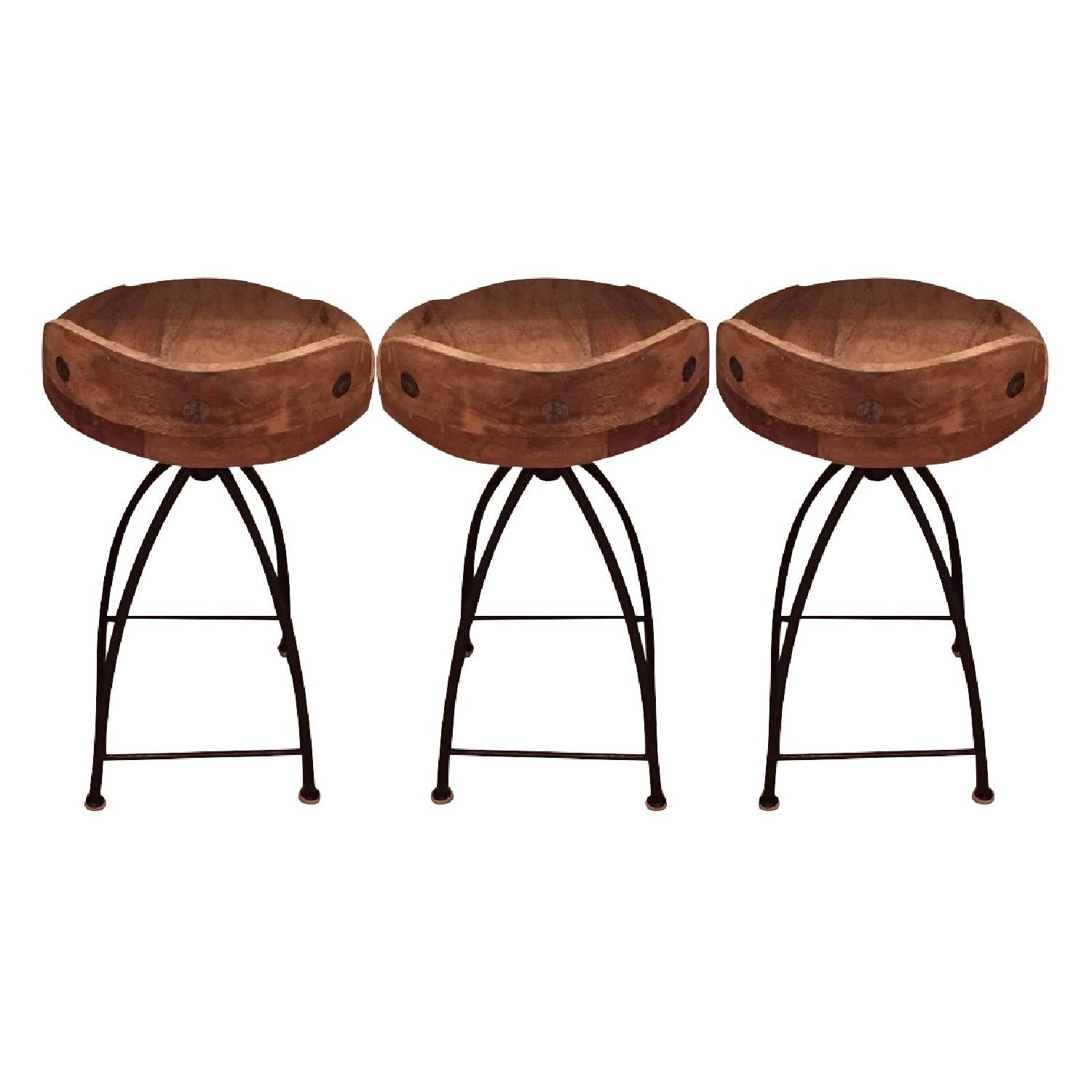 Horchow Arteriors Wooden Counter Stools - Set of 3 - AptDeco