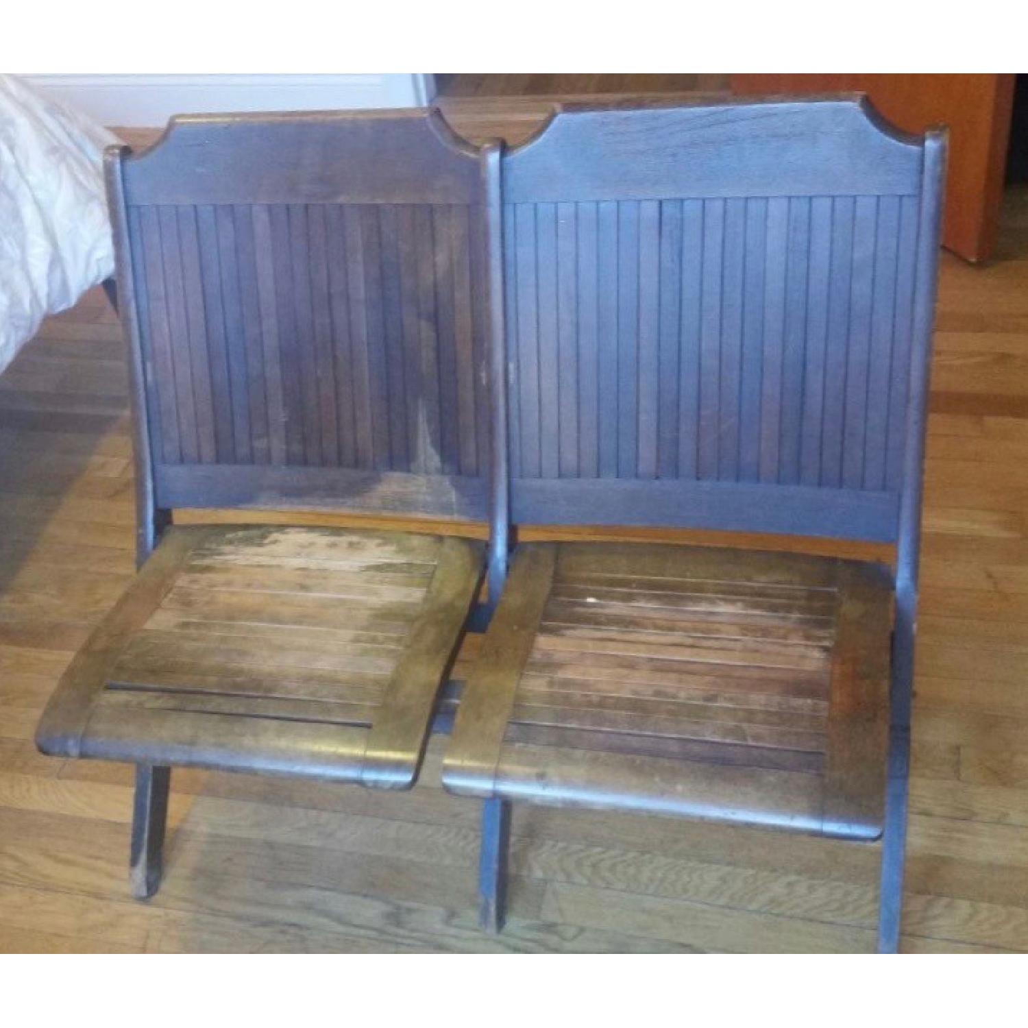 Antique Solid Wood Church Pew w/ Folding Double Seat - AptDeco
