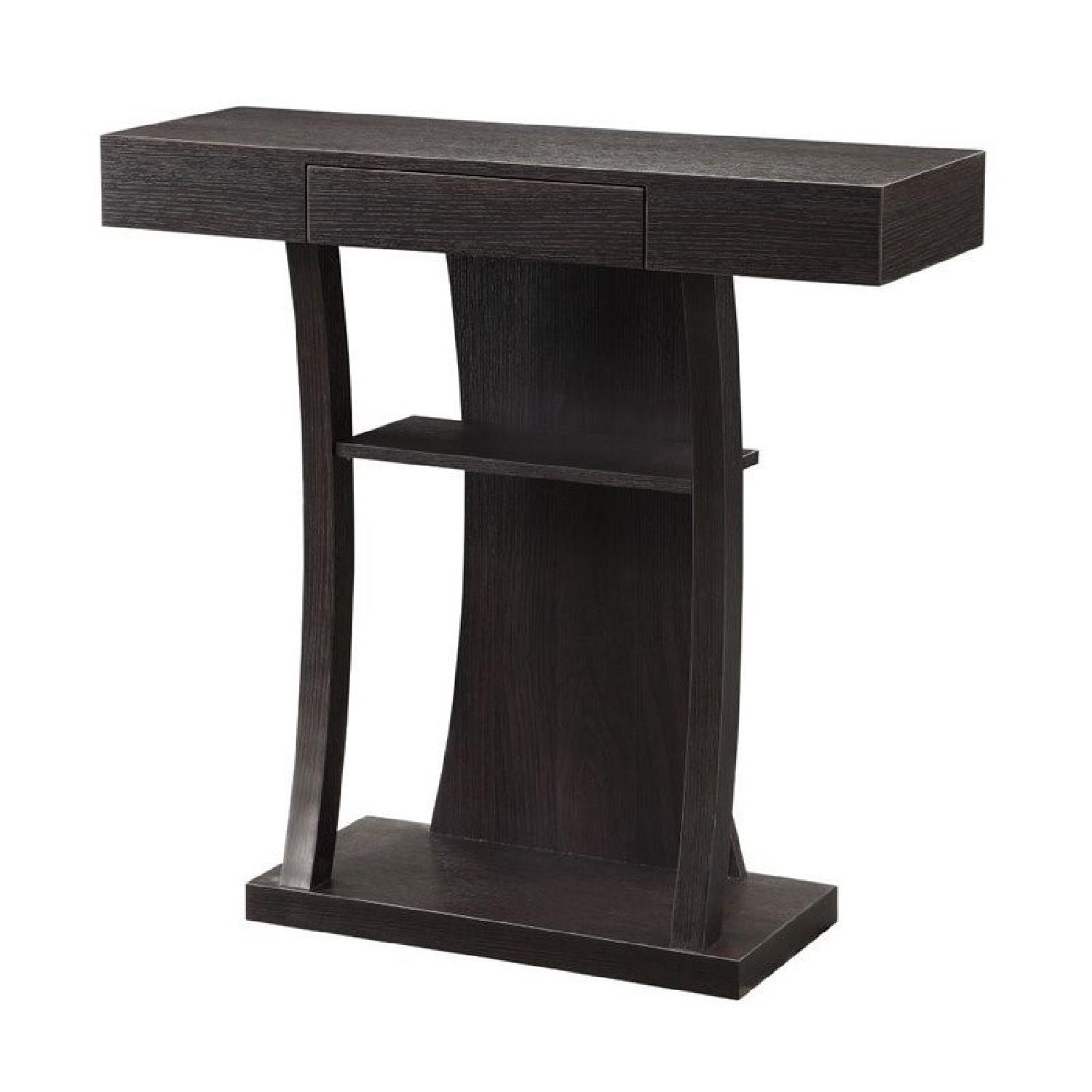 T-Shaped Console Table w/ 2 Shelves in Cappuccino - AptDeco