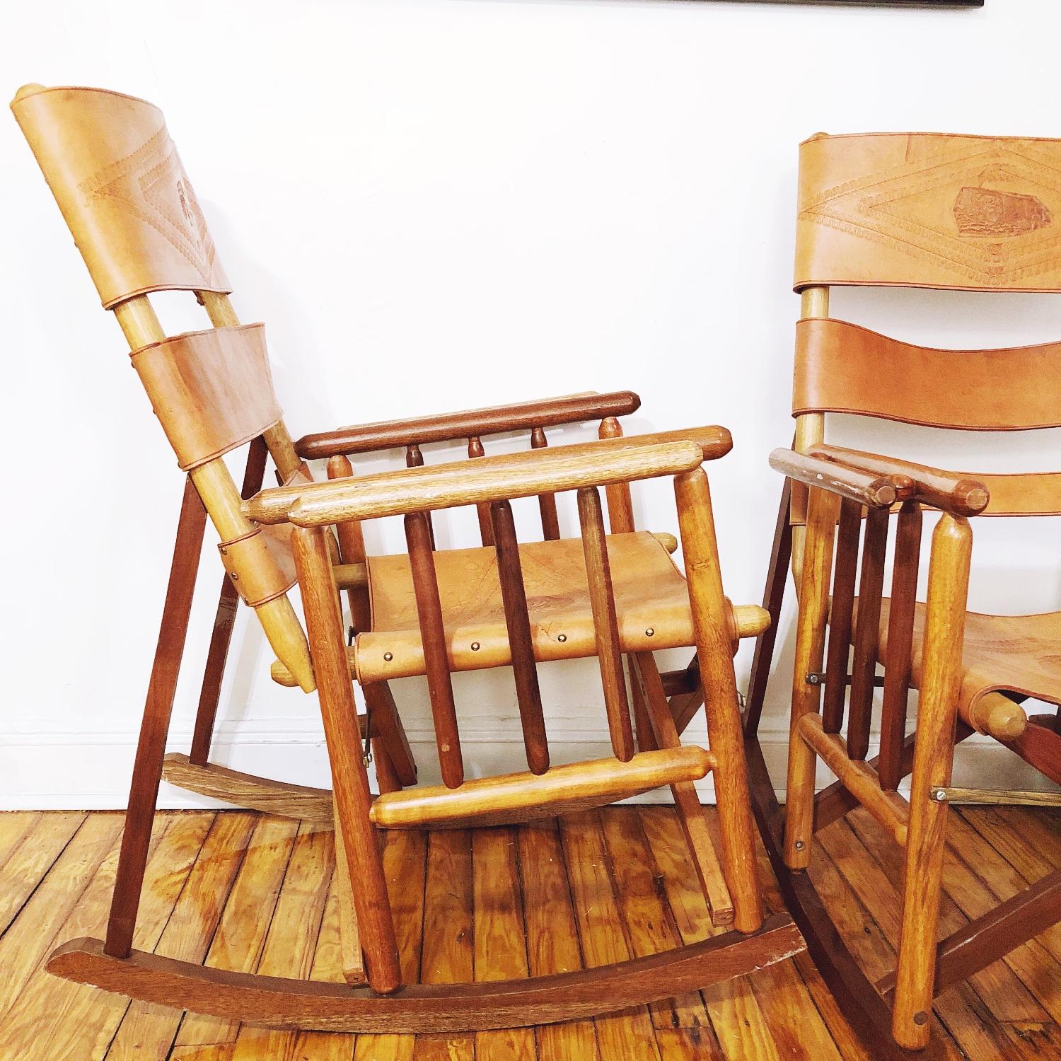 Leather & Wood Costa Rican Folding Rocking Chair - AptDeco