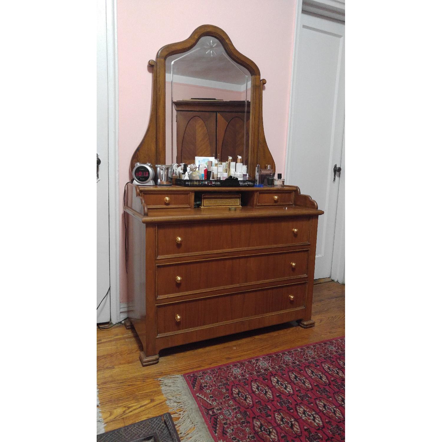 Walnut Colored Hardwood 6 Drawer Dresser w/ Mirror - AptDeco