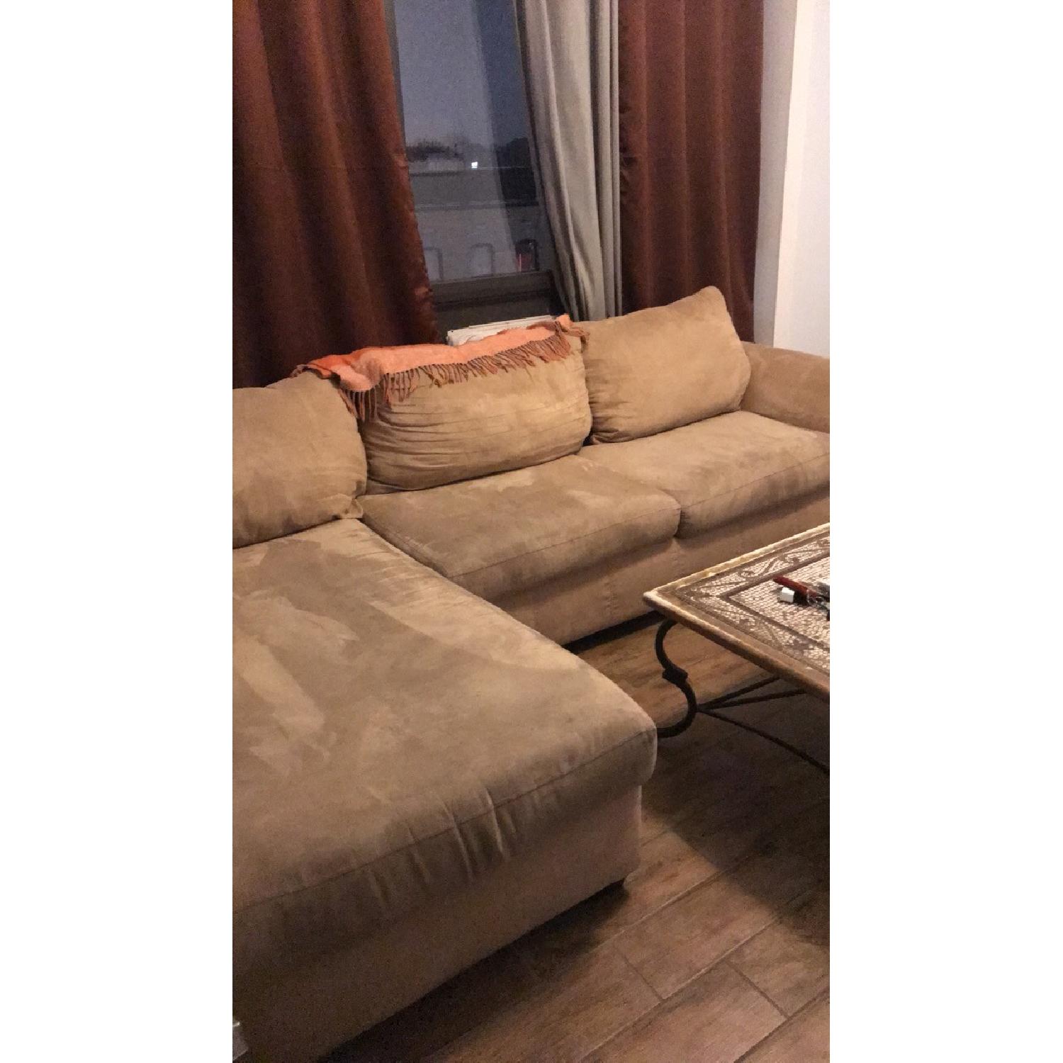 L Shaped Beige Microsuede Sectional Sofa - AptDeco