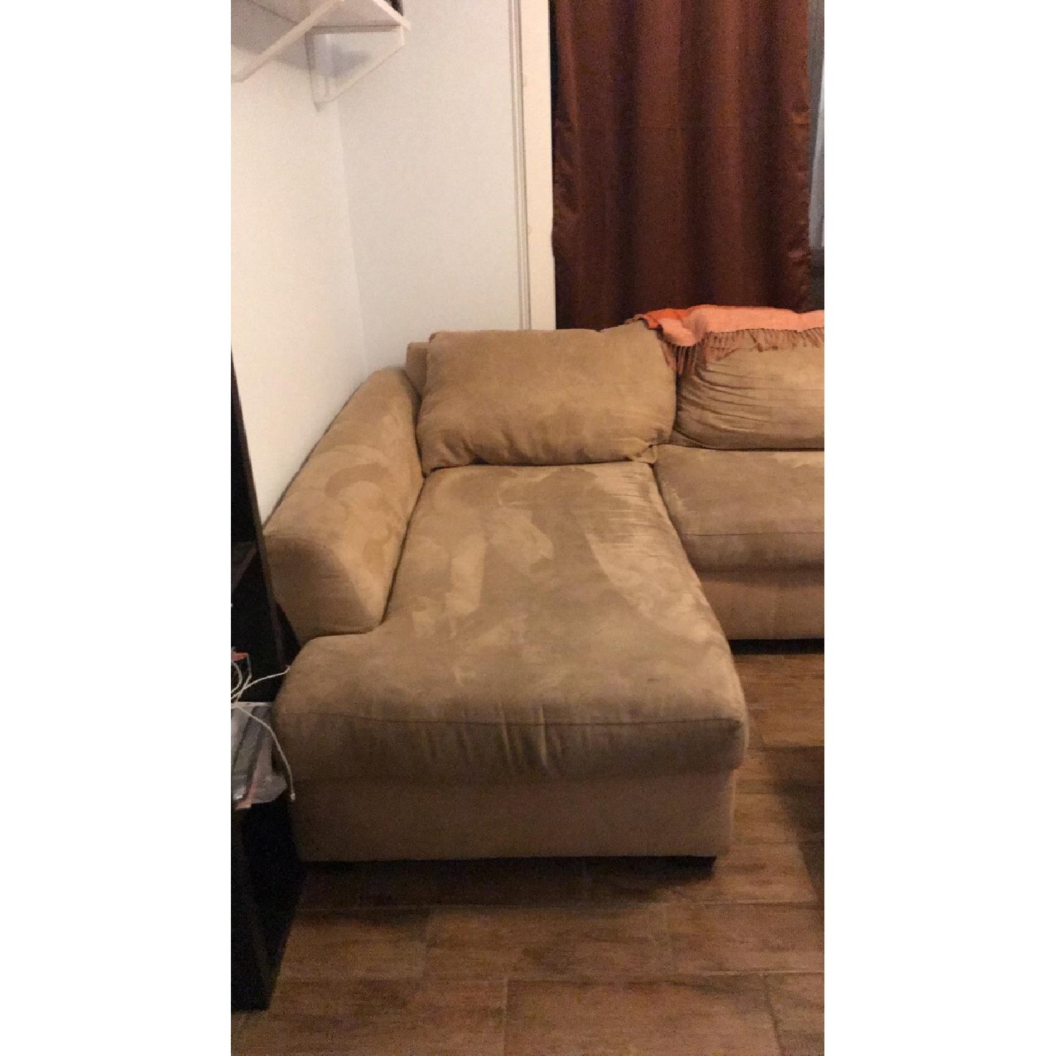 L Shaped Beige Microsuede Sectional Sofa - AptDeco