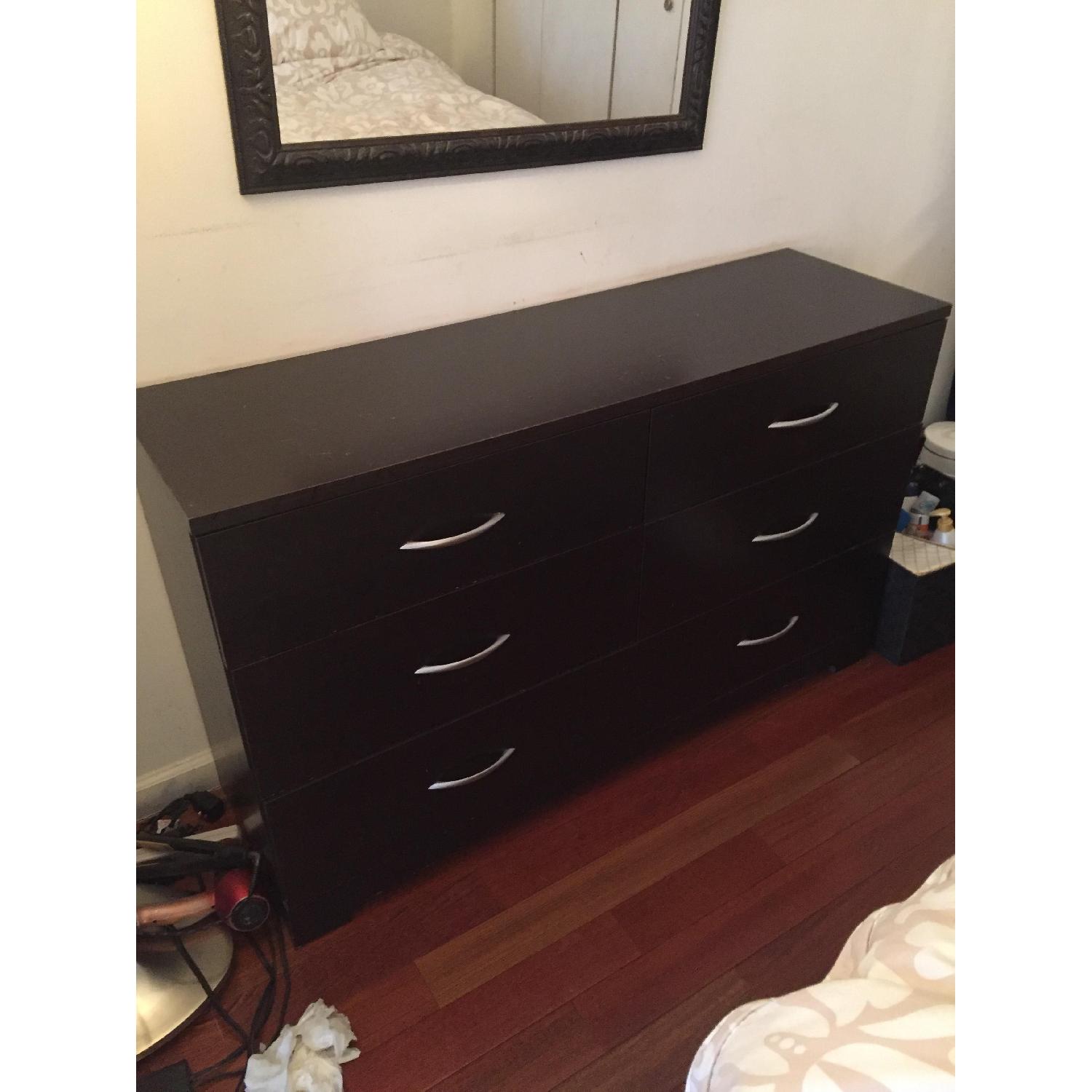 Dark Brown Wood 6 Drawer Dresser w/ Silver Hardware - AptDeco