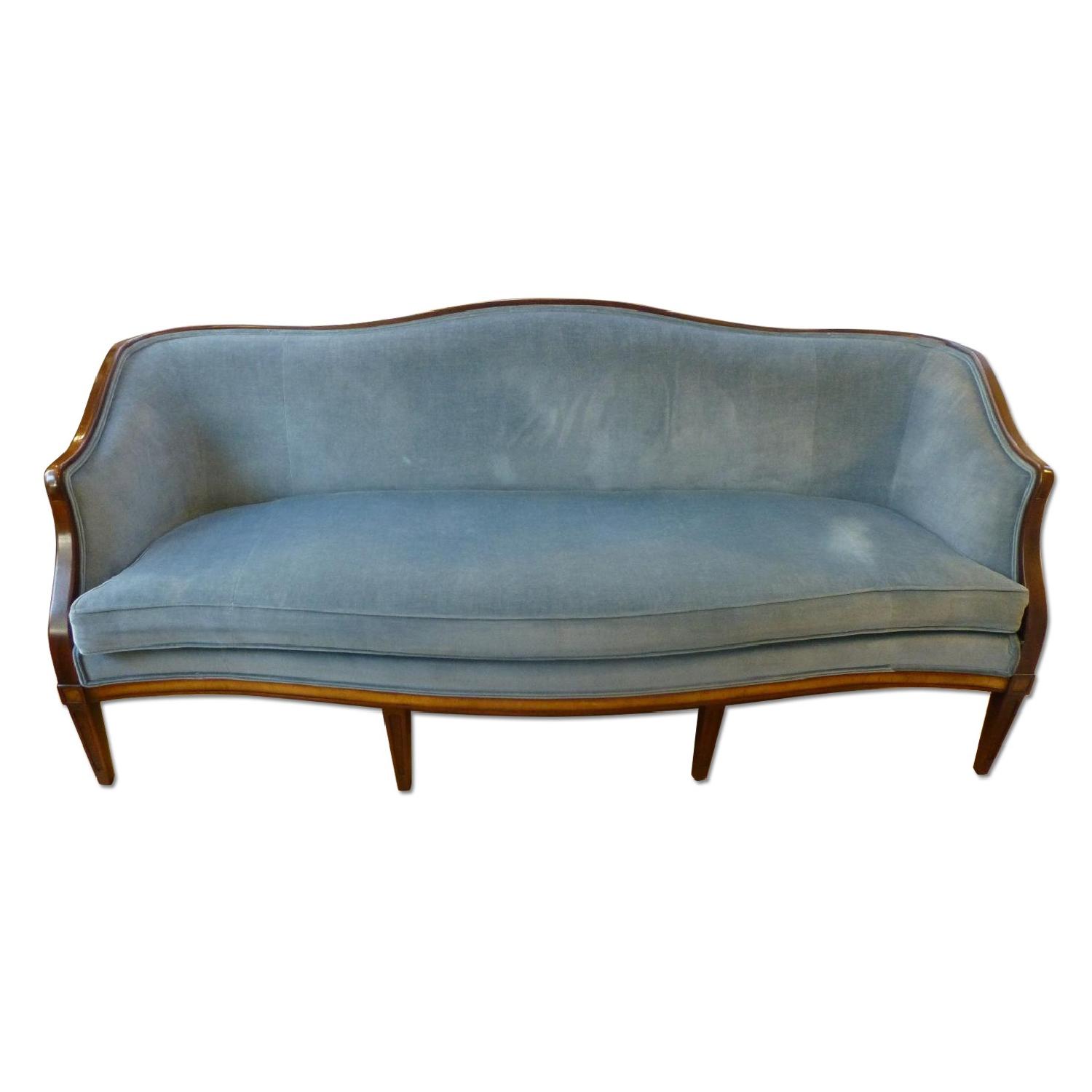 Hickory Chair Camel Back Settee Sofa w/ Blue Velvet Fabric - AptDeco