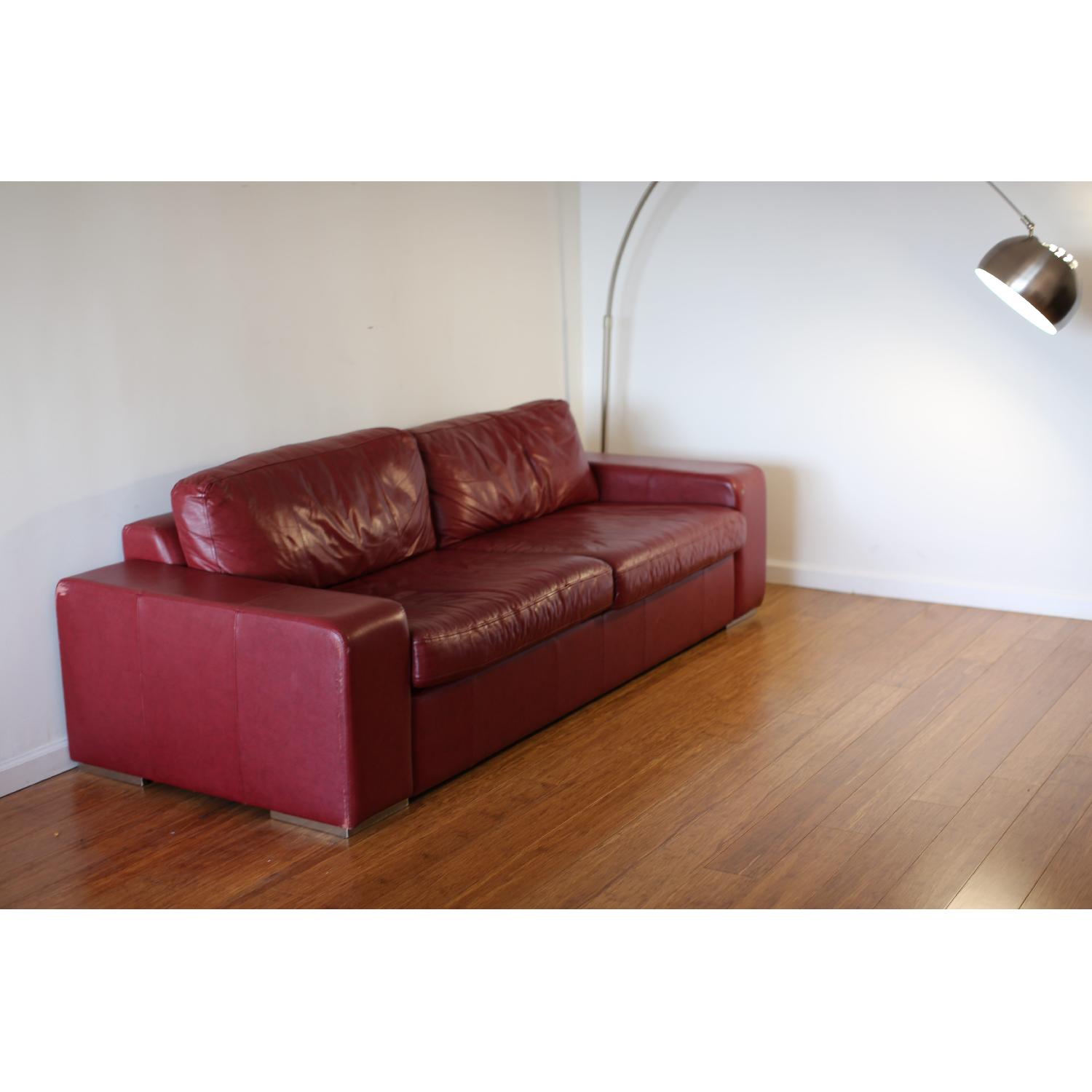 EQ3 Jenna Red Leather Sleeper Sofa w/ Chrome Arm Trays - AptDeco