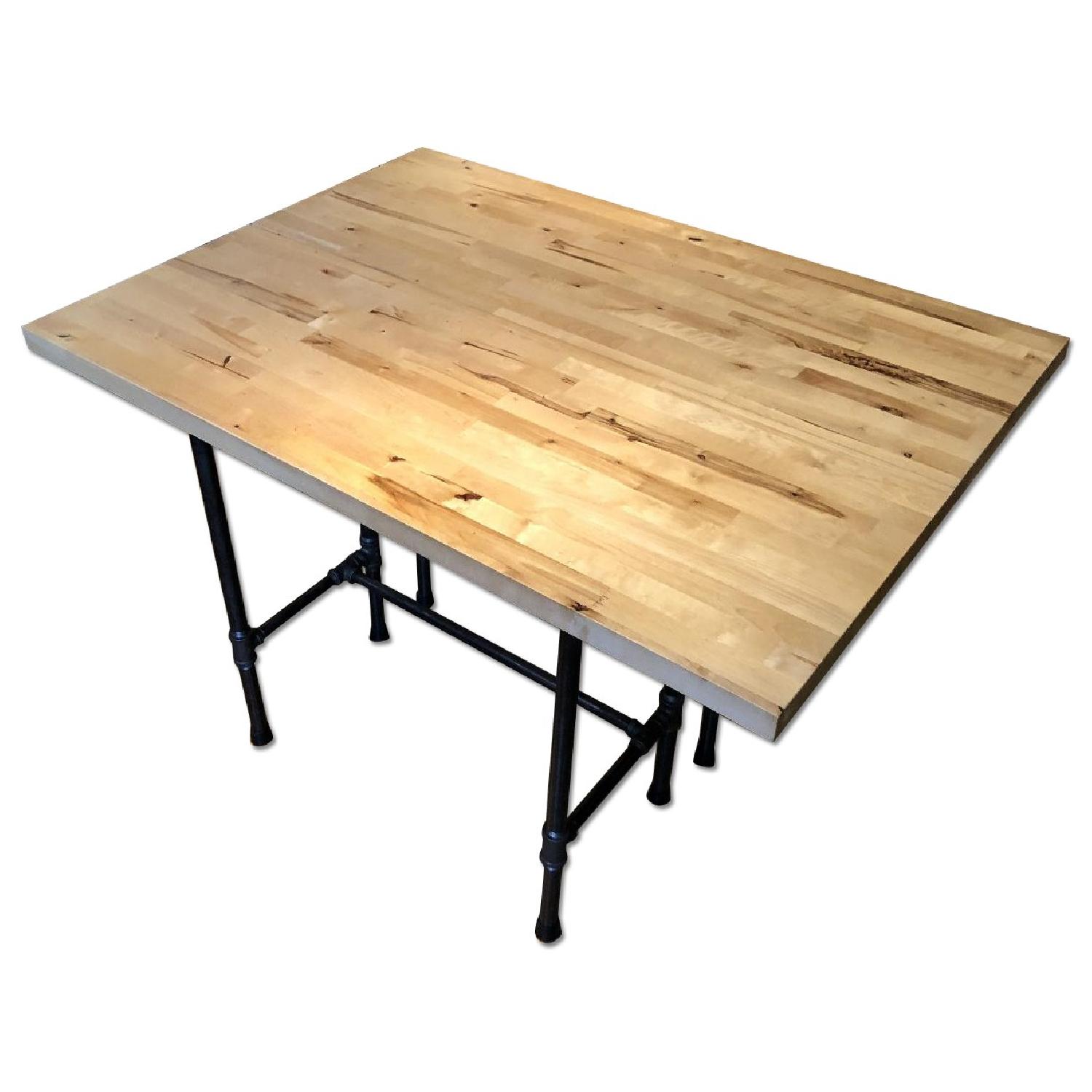 Pipe Rustic Industrial Solid Wood Butcher Block Black Table - AptDeco