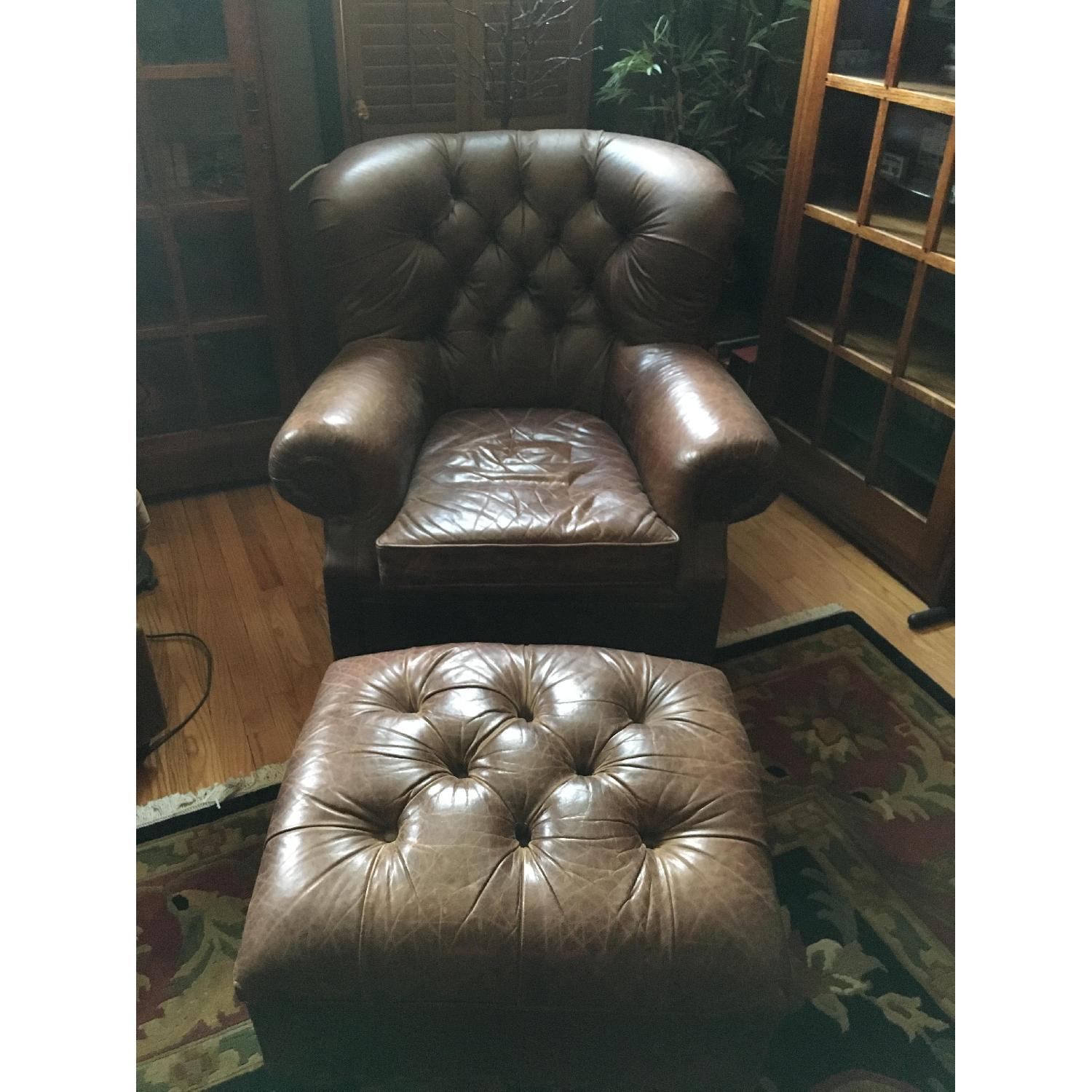 Restoration Hardware Mitchell Gold Buster Brown Leather Ottoman - AptDeco