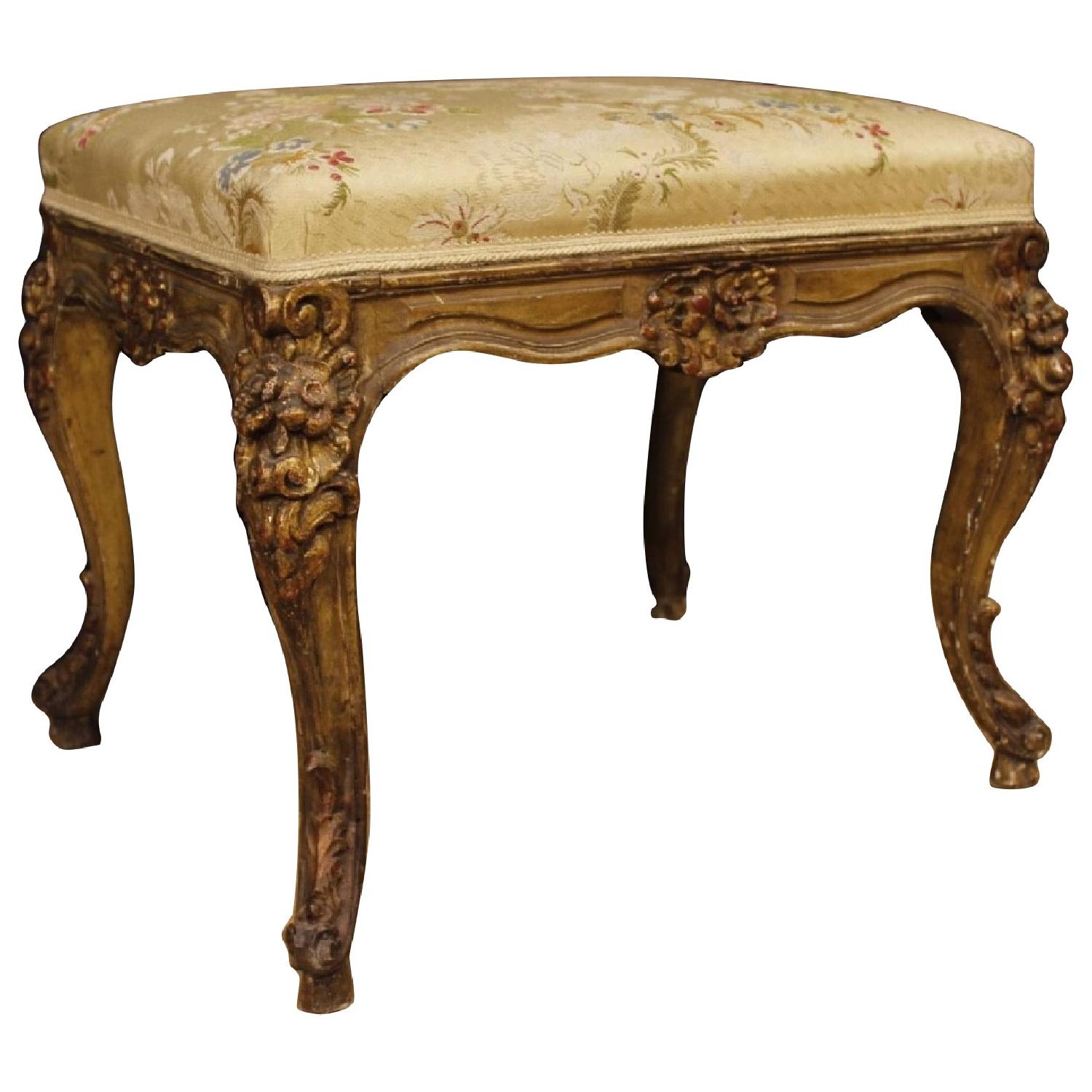 French Lacquered & Golden Footstool w/ Floral Fabric - AptDeco