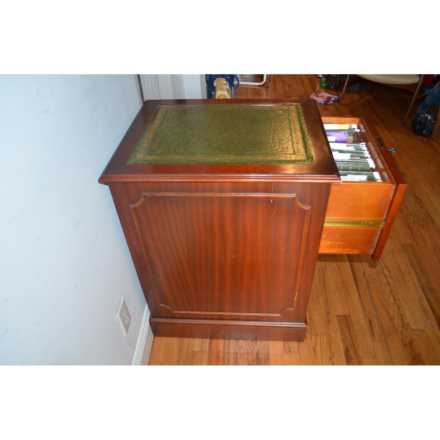 Antique Leather Topped Filing Cabinet w/ 2 Locking Drawers - AptDeco
