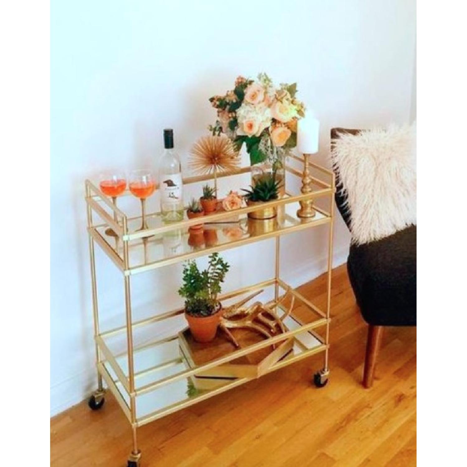 West Elm Terrace Bar Cart in Antique Brass/Glass/Mirror - AptDeco