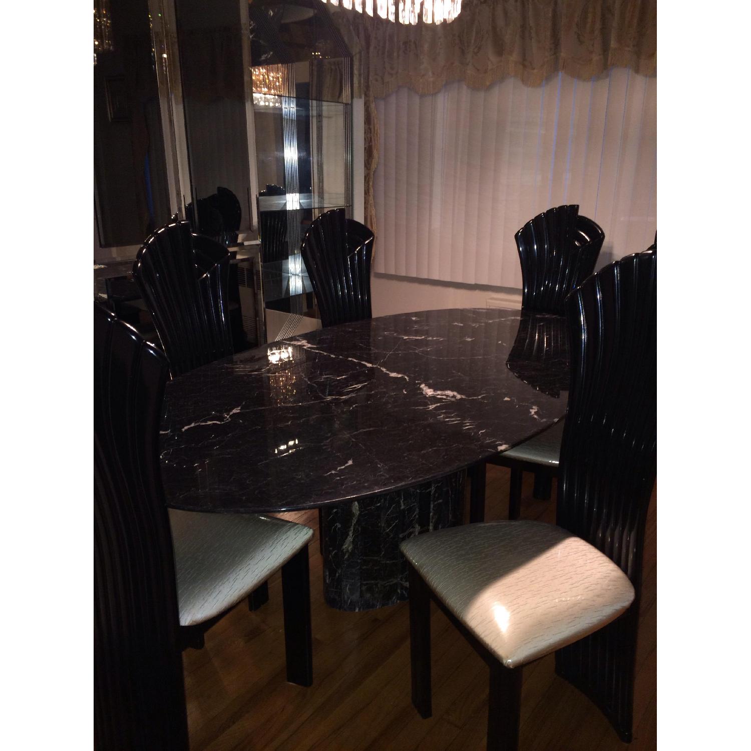 Black Marble Table w/ 6 Black Lacquered Chairs - AptDeco