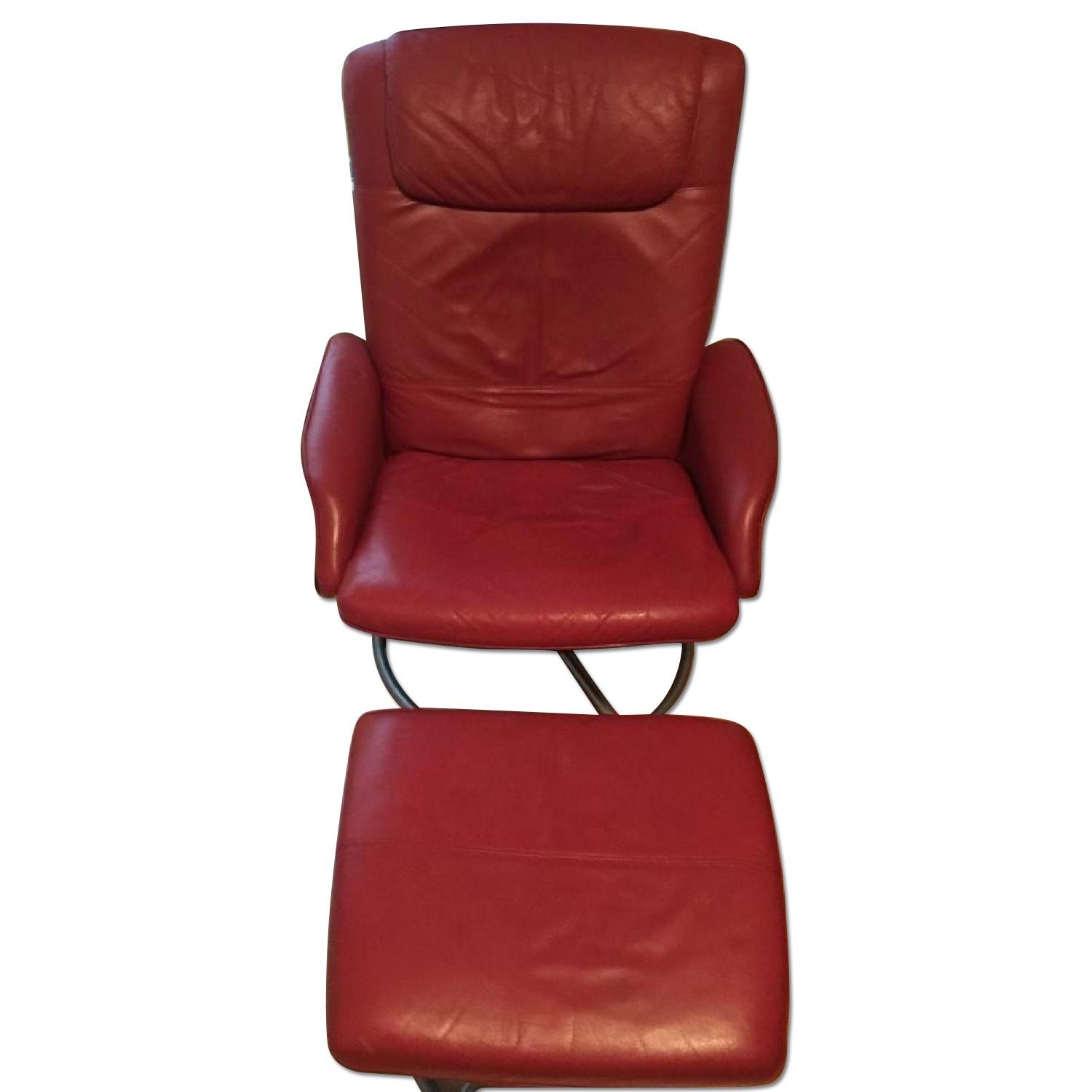 Ikea Red Faux Leather Reclining Chair w/ Foot Rest - AptDeco