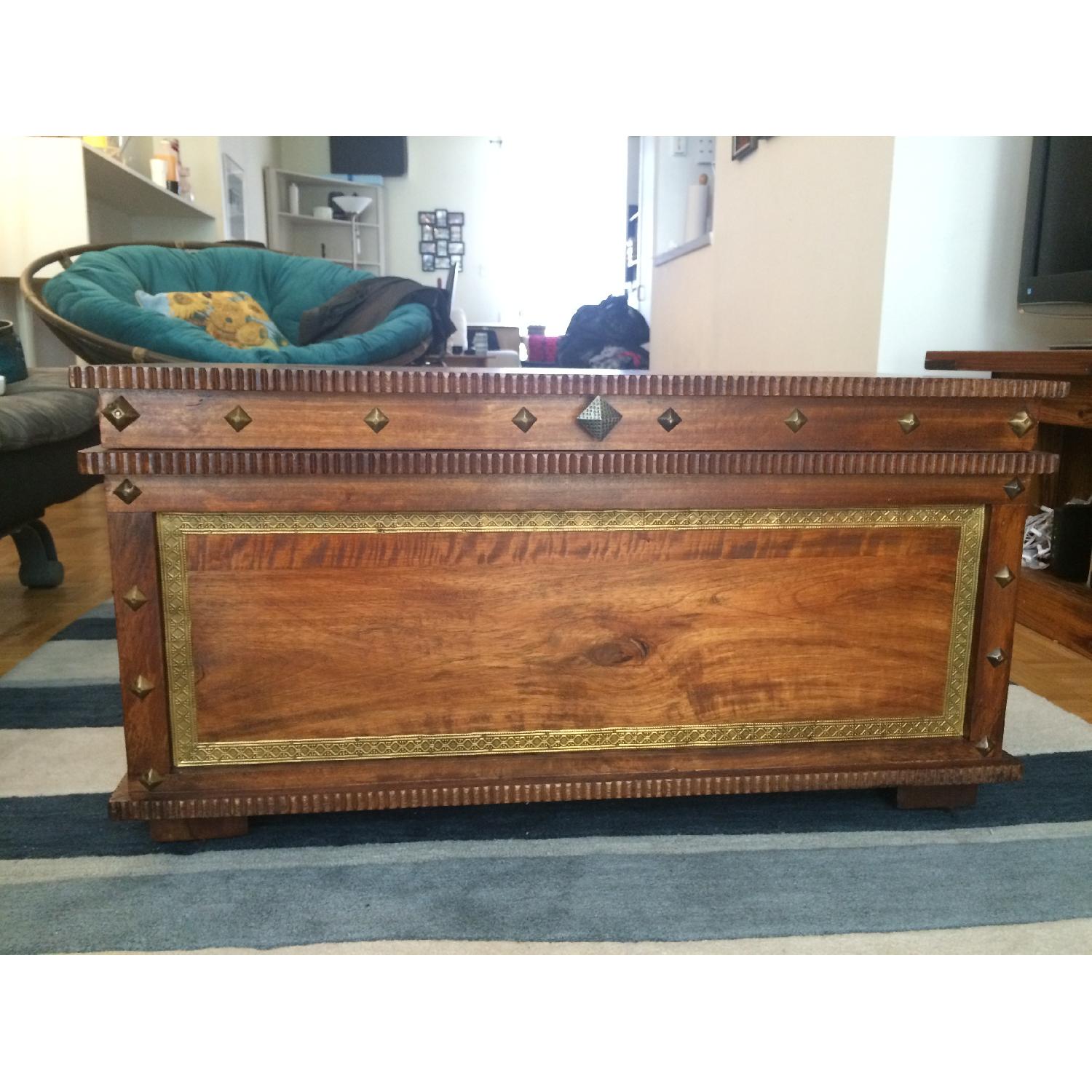 Pier 1 Handcrafted Brass Detailed Mango Wood Trunk - AptDeco