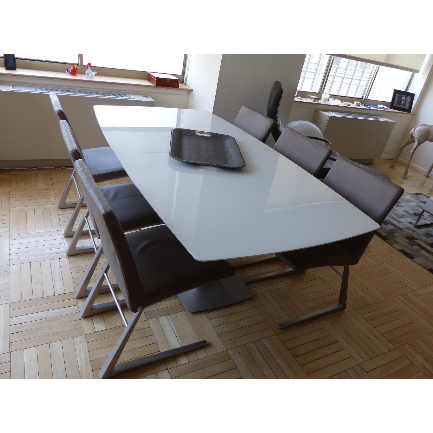 BoConcept Occa White Glass Brushed Steel Table w/ 8 Chairs - AptDeco