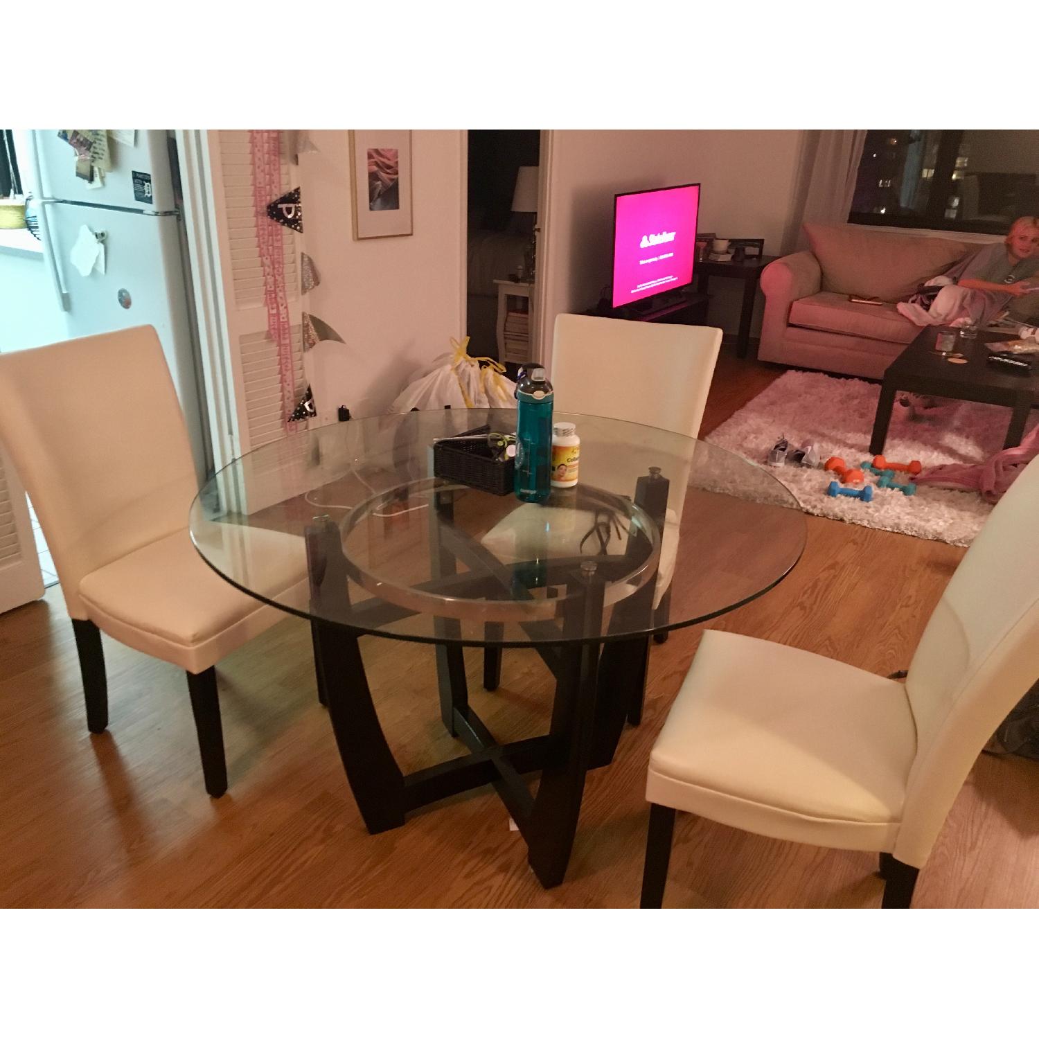 Bob's Matinee Glass Dining Table w/ 2 White Chairs - AptDeco
