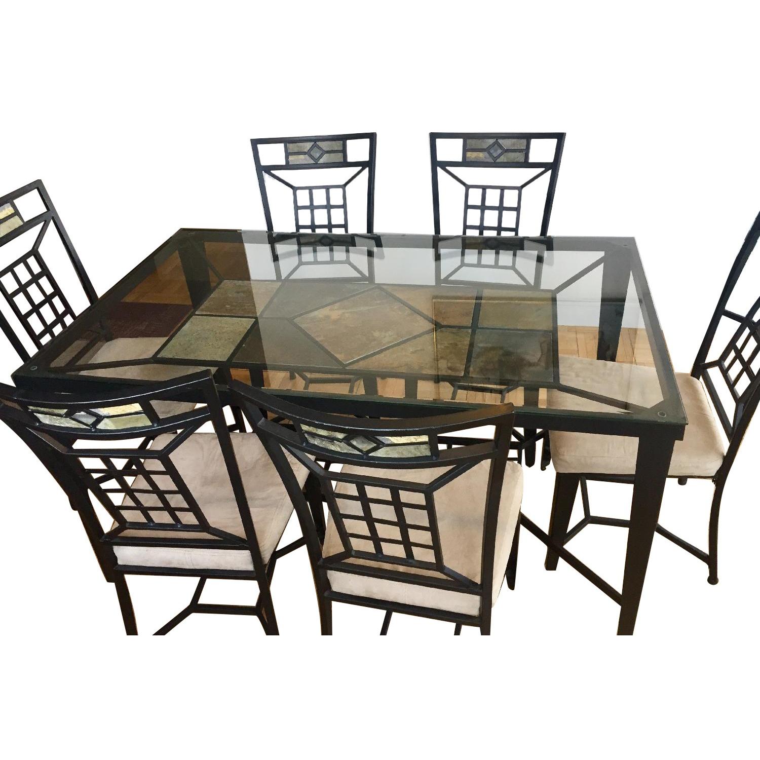 Glass & Stone Dining Table w/ 6 Chairs - AptDeco