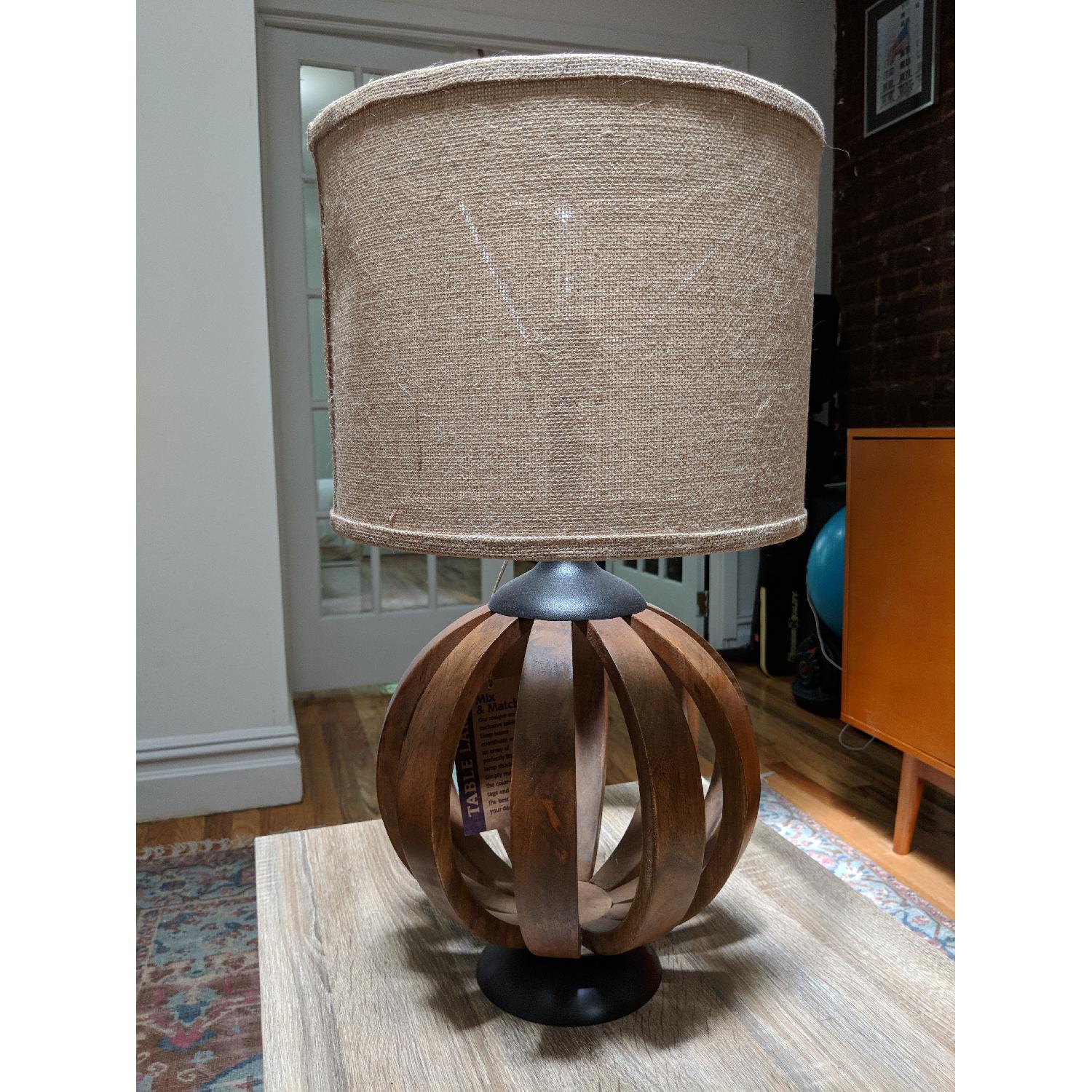 World Market Wood Barrel Table Lamp Base w/ Burlap Shade - AptDeco
