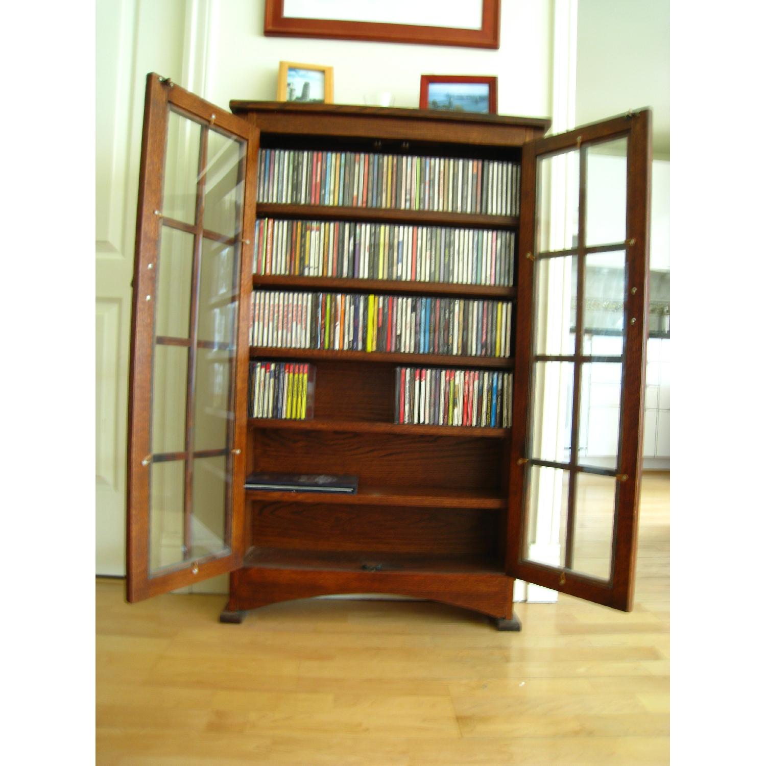 Solid Oak Mission CD Cabinet w/ Glass Doors - AptDeco