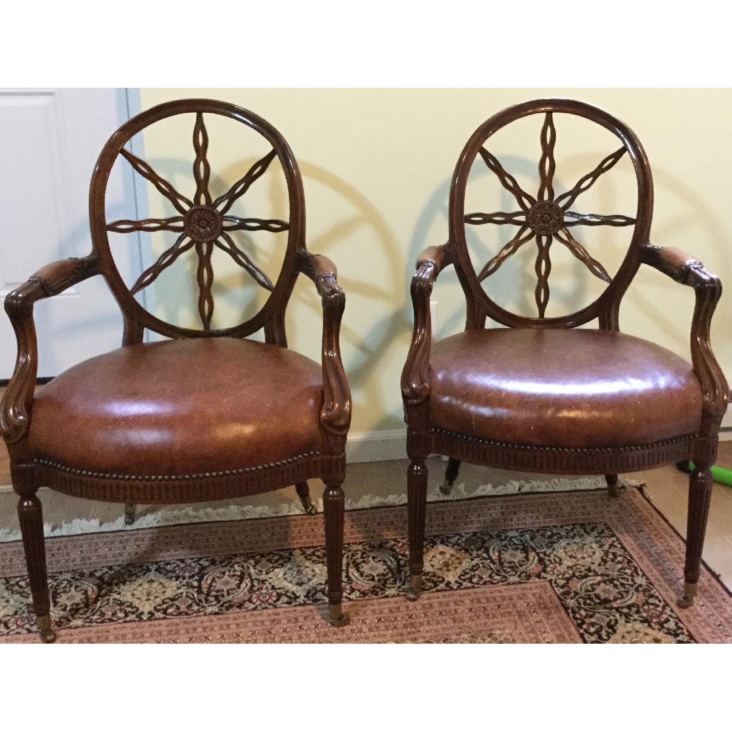 Mahogany & Leather Spider Back Chairs - AptDeco