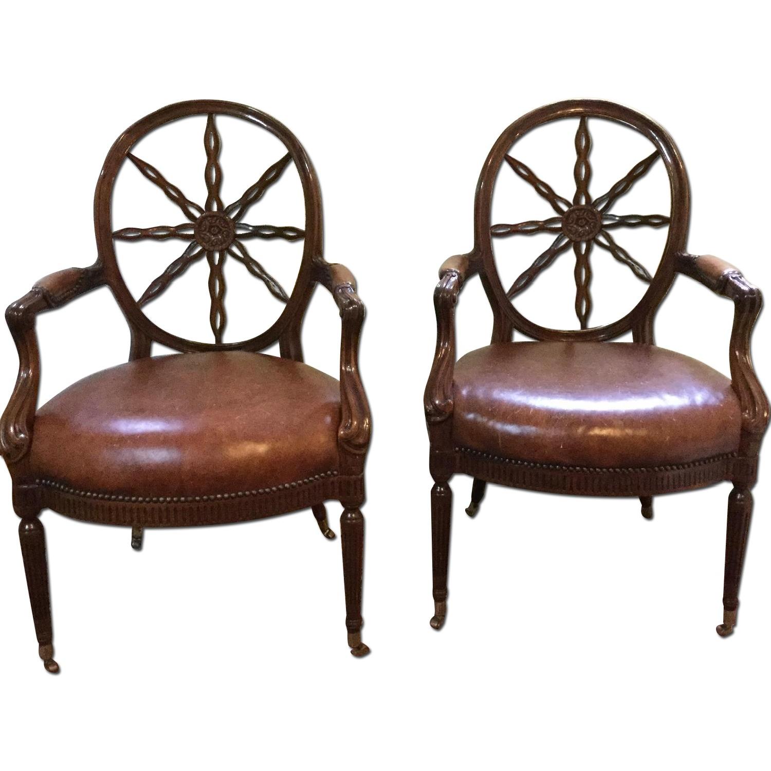 Mahogany & Leather Spider Back Chairs - AptDeco