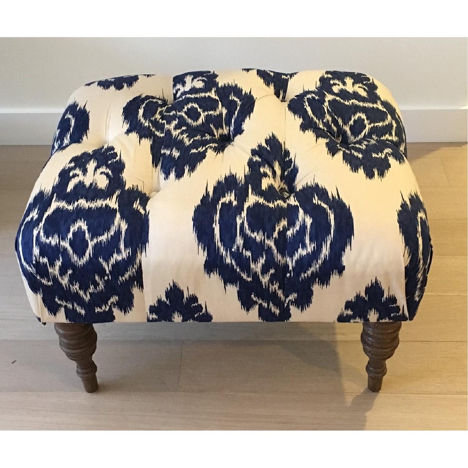 Horchow Emily Tufted Blue & White Ikat Ottoman - AptDeco