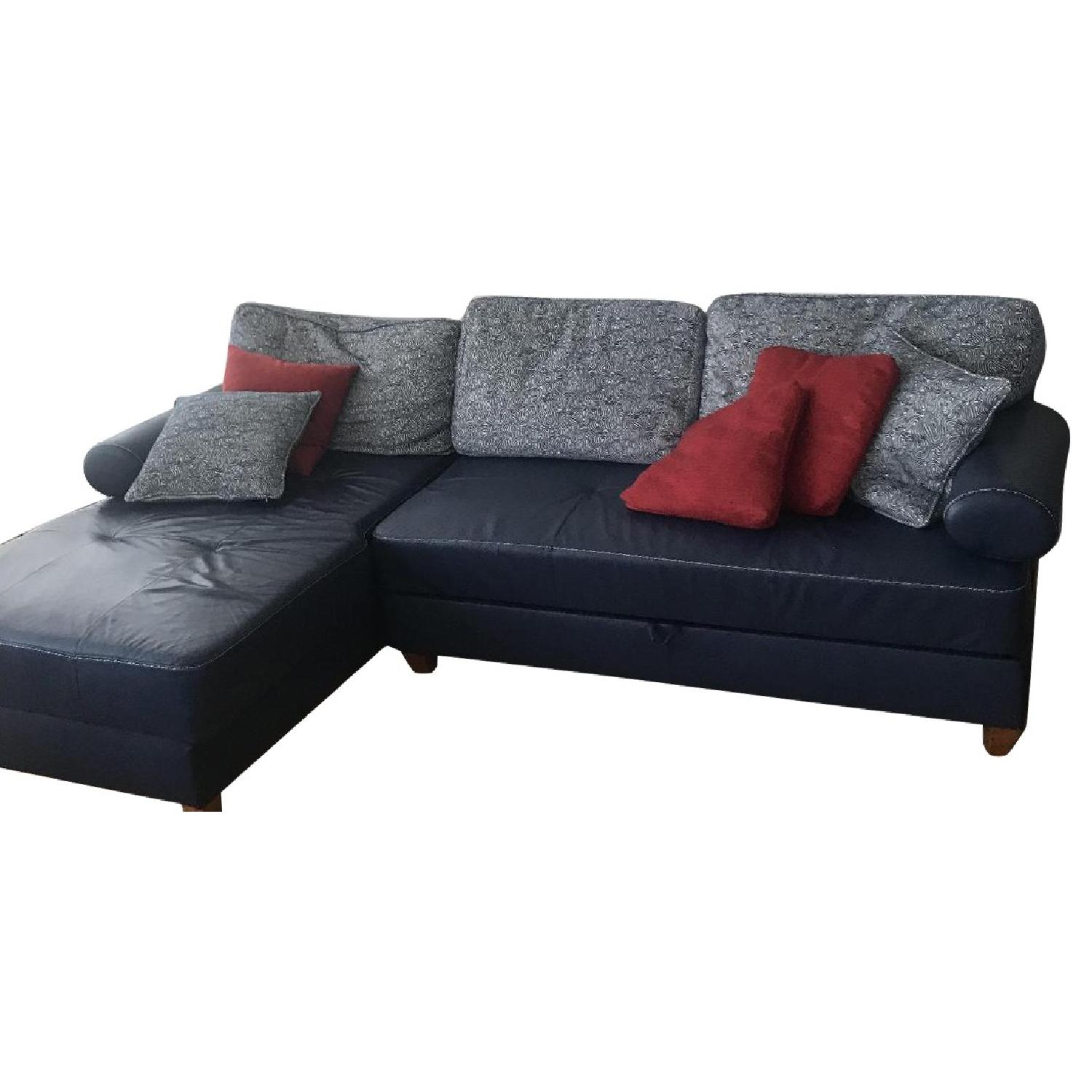 Blue Leather Sleeper Sectional Sofa w/ Storage - AptDeco