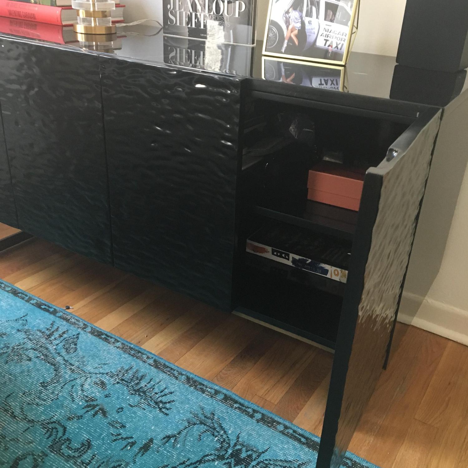 CB2 Black Marble & Wood Case Media Console in Gloss Finish - AptDeco