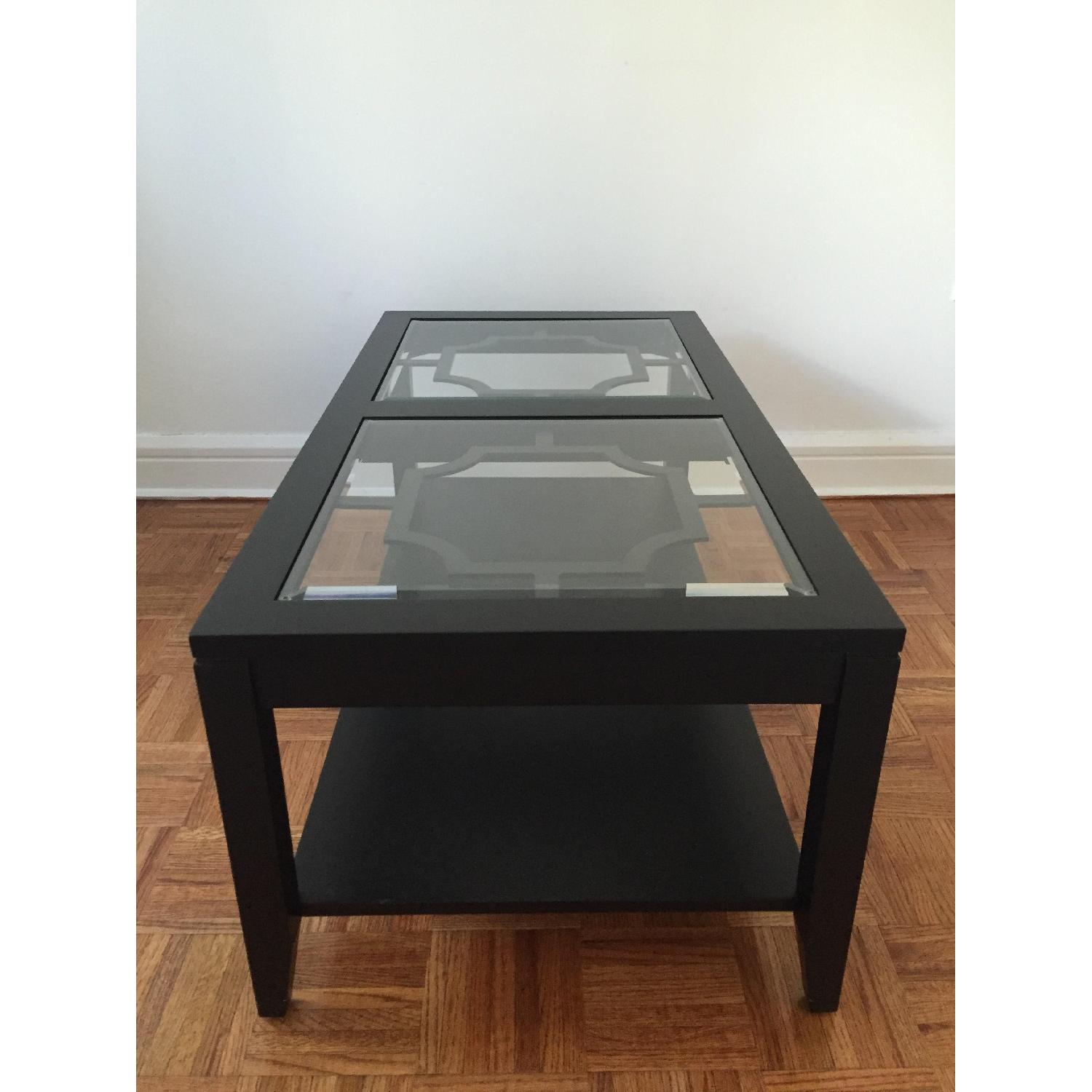 Shelby Black Wood Glass Top Coffee Table + End Table w/ Quatrefoil ...